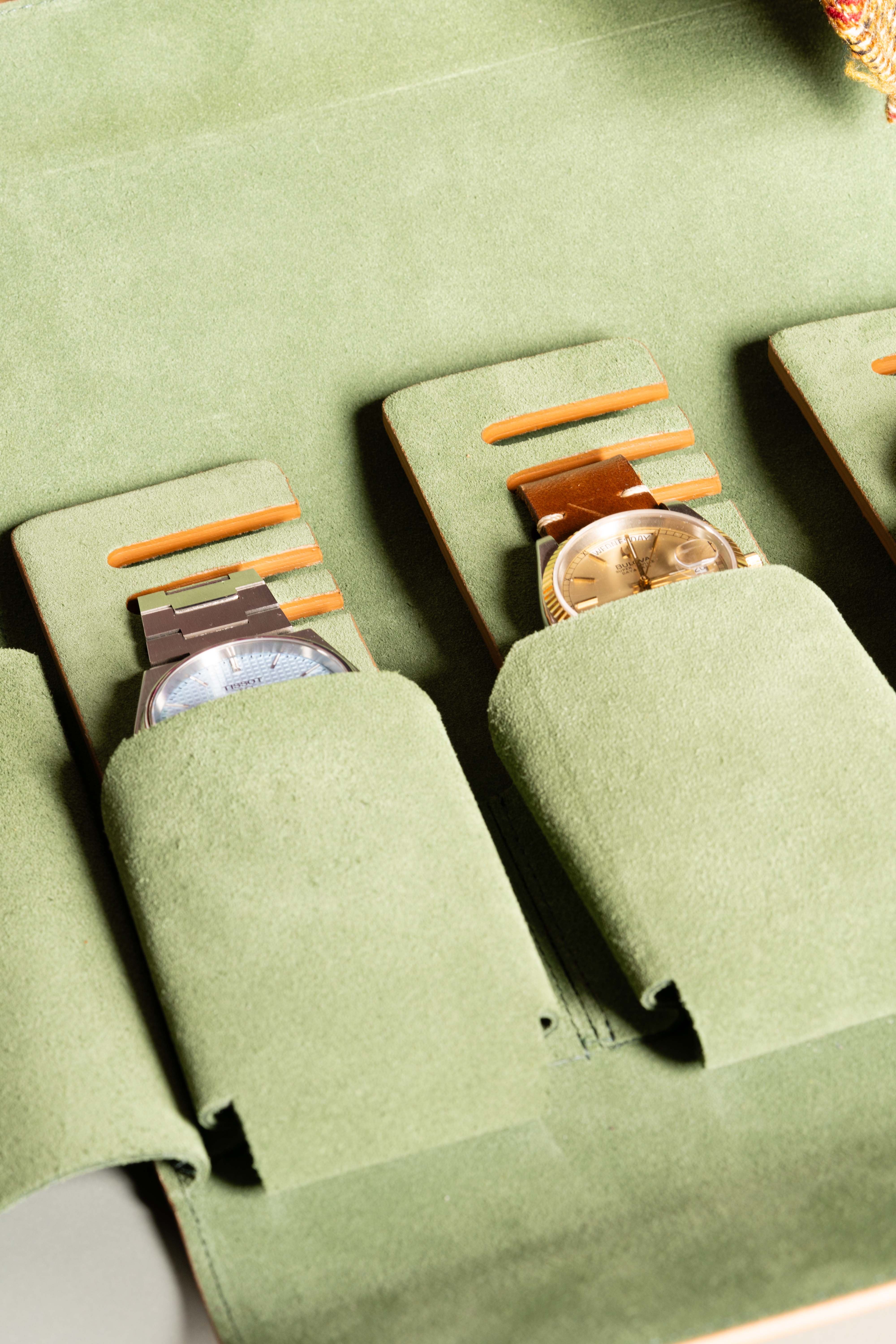 3-Watch Vintage Gold & Sage Green Suede Leather Watch Case – Gentleman ...