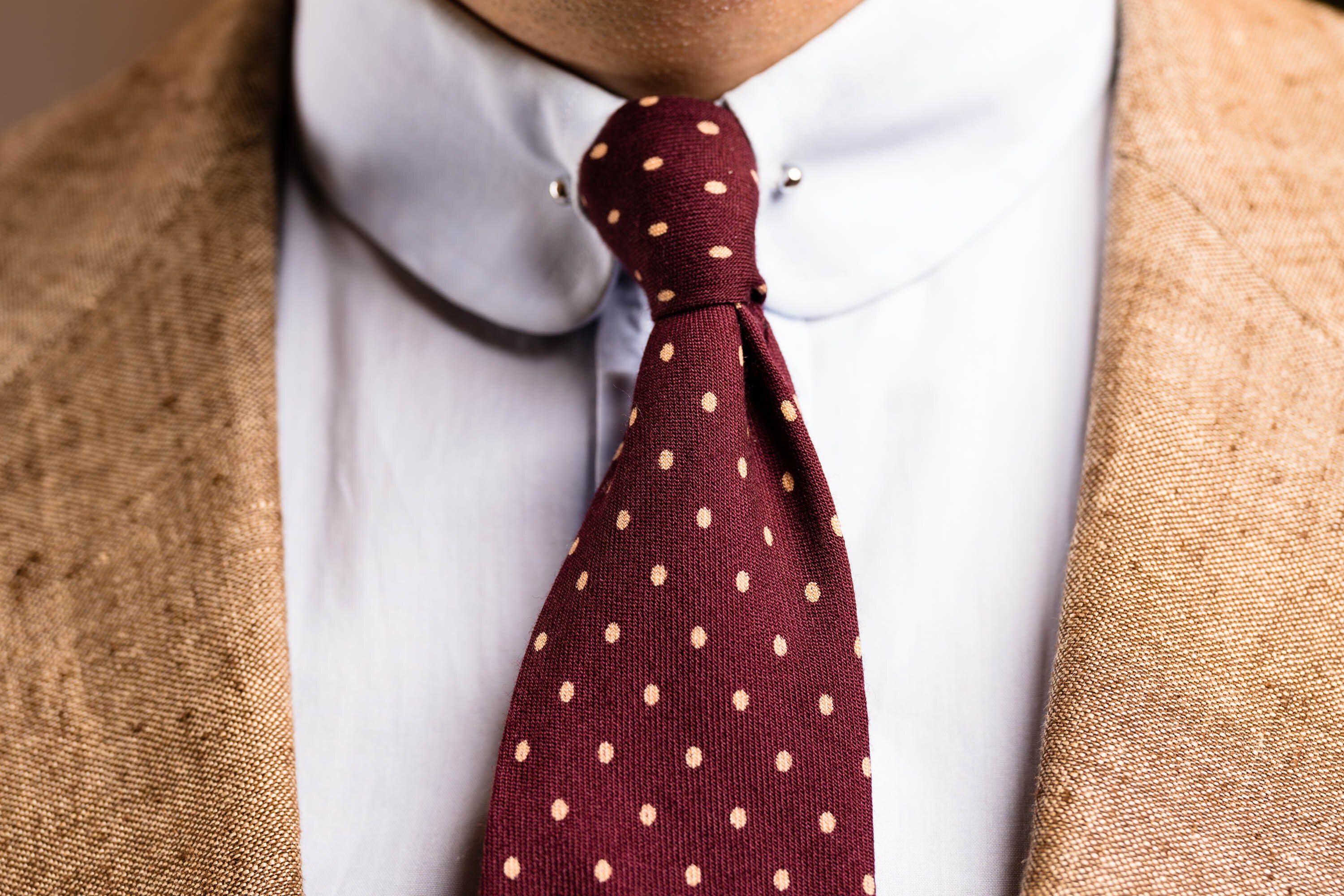 Wool Challis Tie in Burgundy with Yellow Polka Dots Fort Belvedere ...