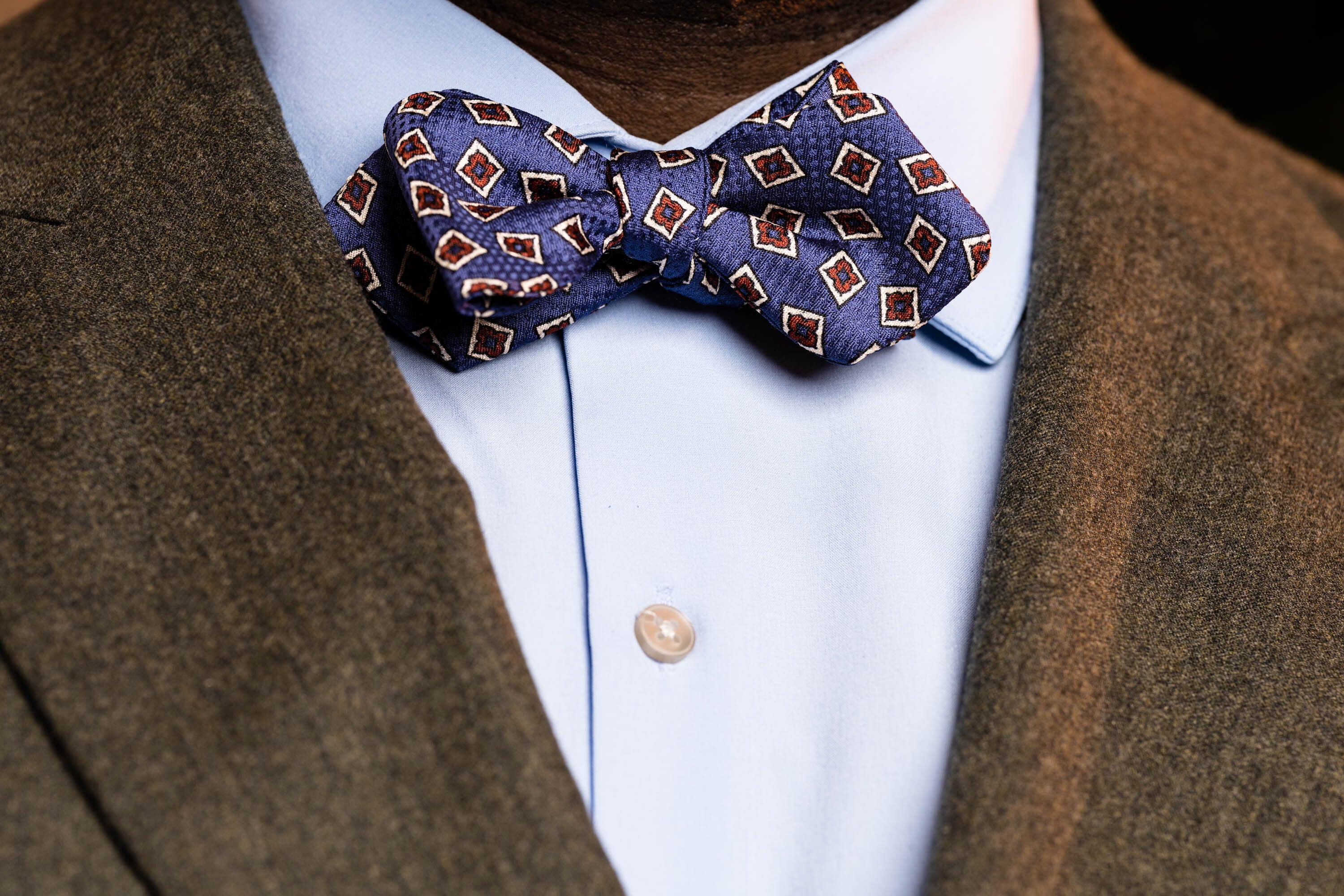 Butcher Blue Jacquard Woven Bow Tie with Printed Brown and White ...