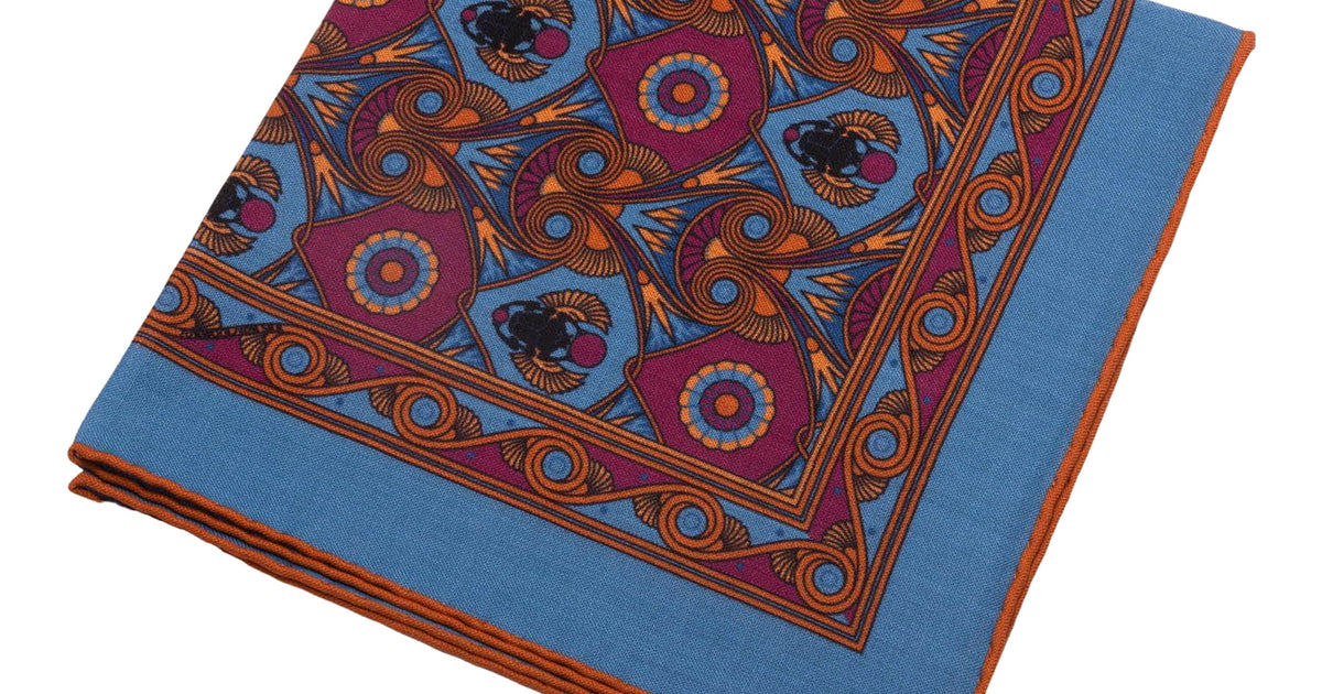 Cerulean Blue Pocket Square Art Deco Egyptian Scarab pattern in burnt ...