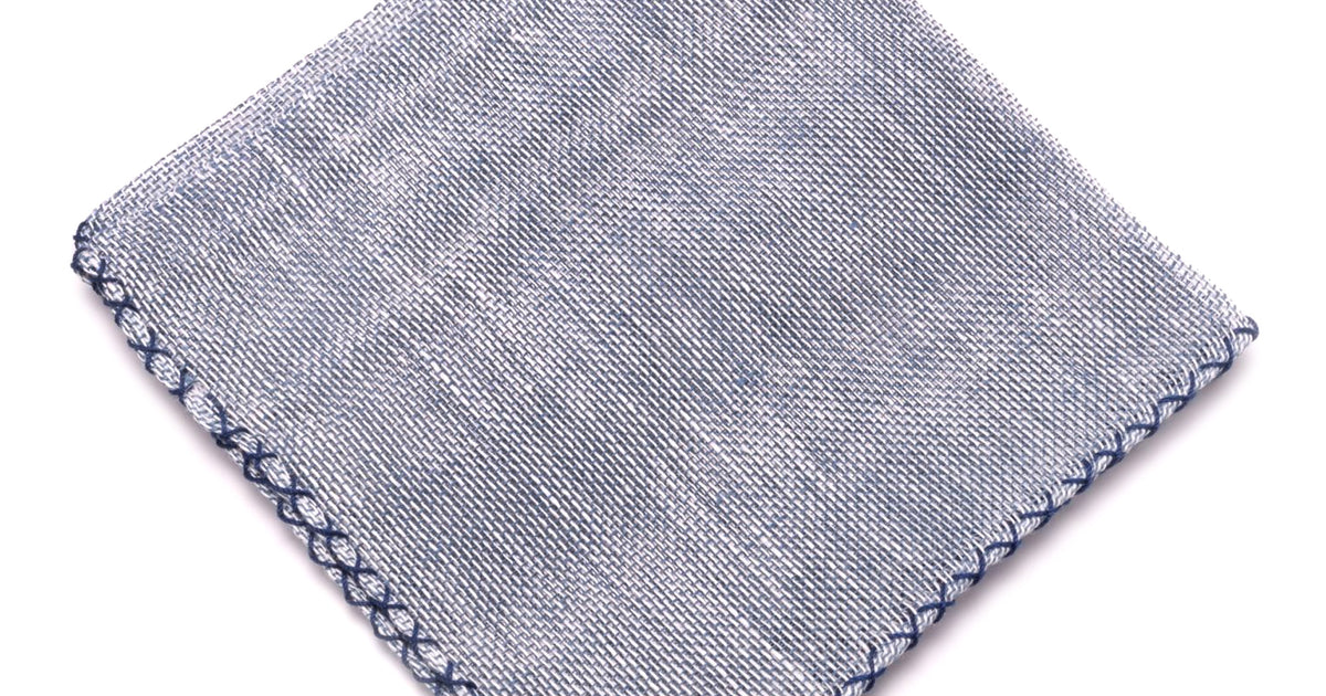 Dark Blue Handcrafted Linen Pocket Square with Navy Blue Handrolled X ...