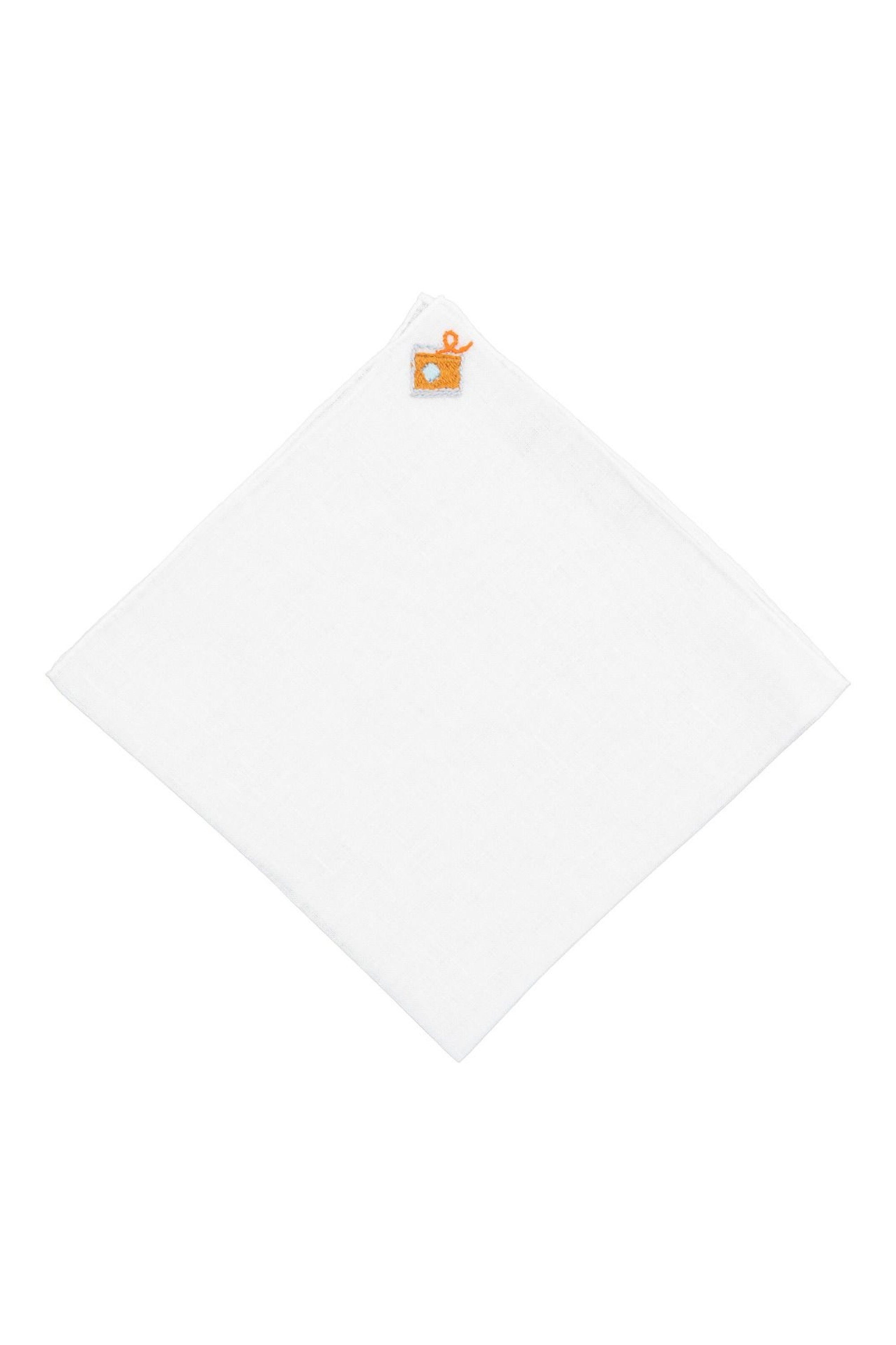 White Linen Pocket Square with Old Fashioned Embroidery and Handrolled ...