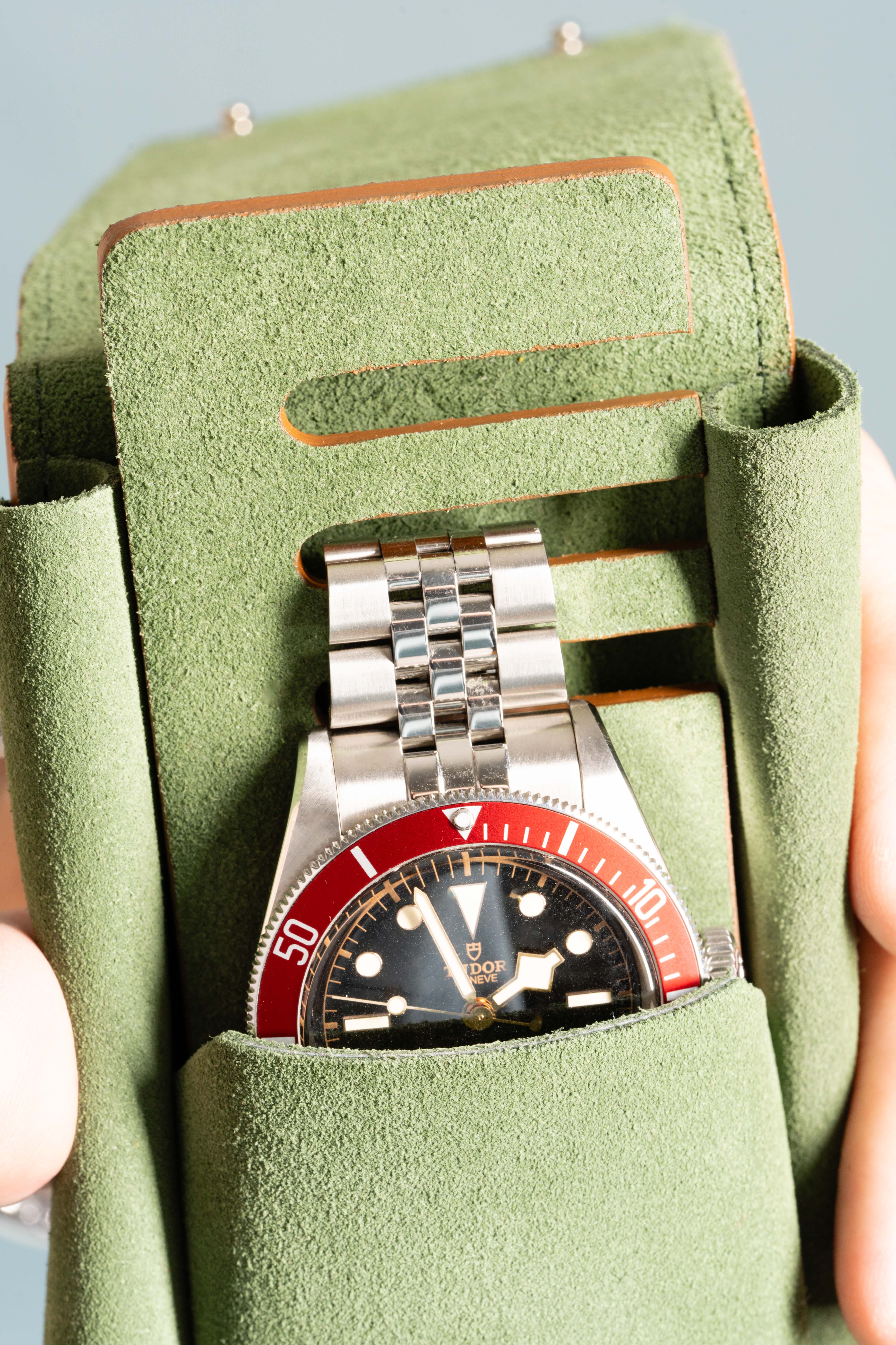 3-Watch Vintage Gold & Sage Green Suede Leather Watch Case – Gentleman ...