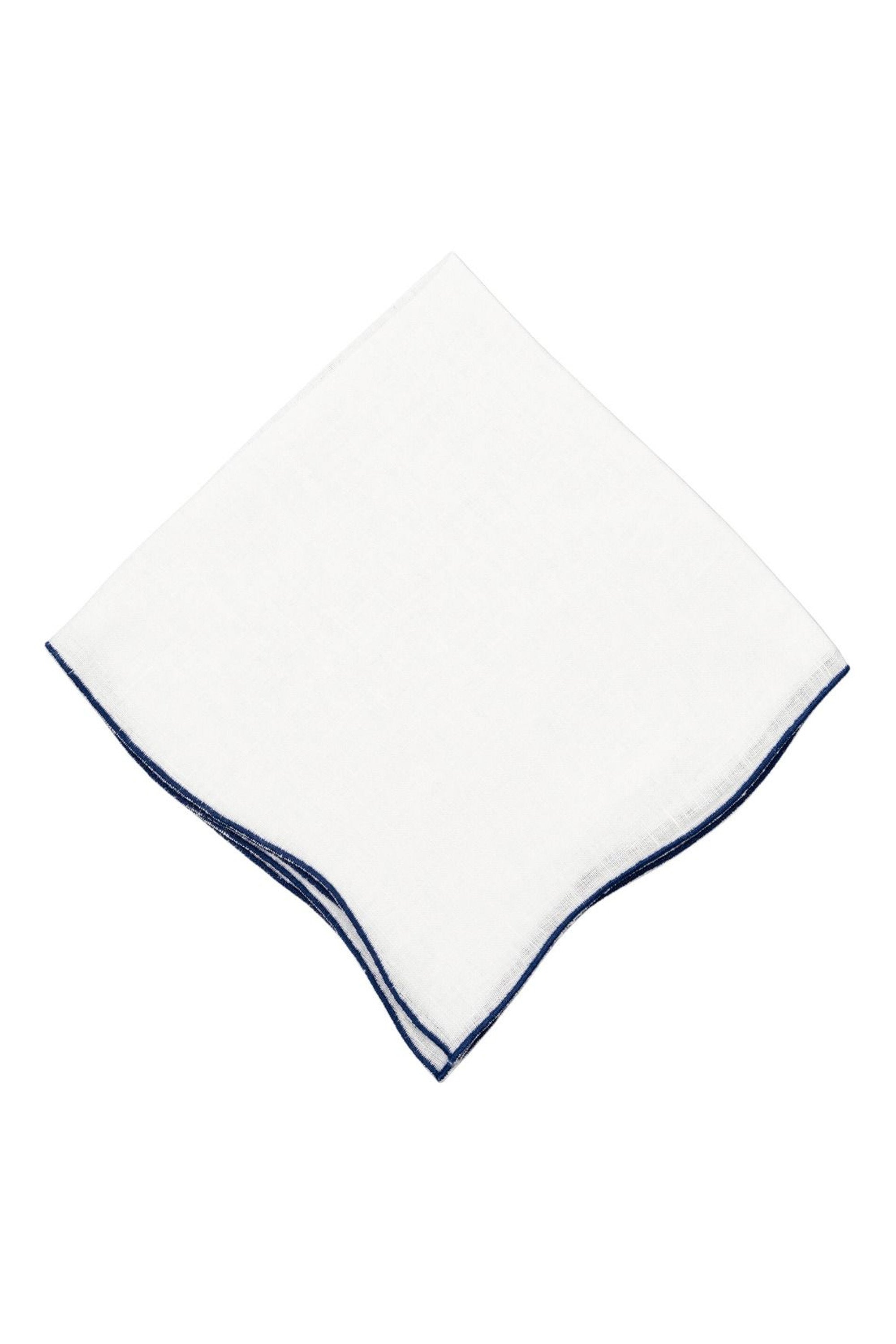 White Linen Pocket Square in Wave Shape with Navy Blue Hand-Machined ...