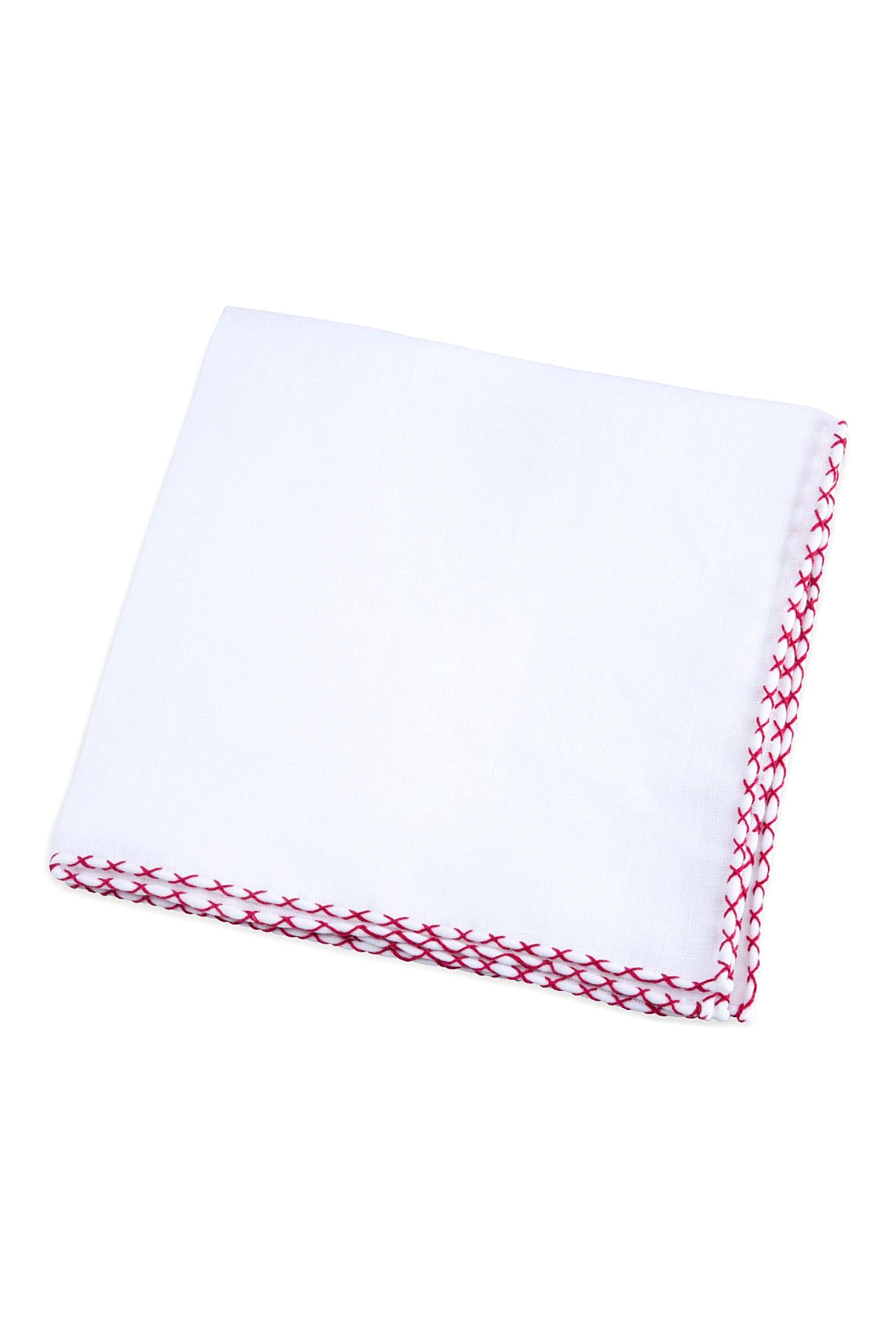 White Linen Pocket Square with Burgundy Red Handrolled X Stitch - Fort ...