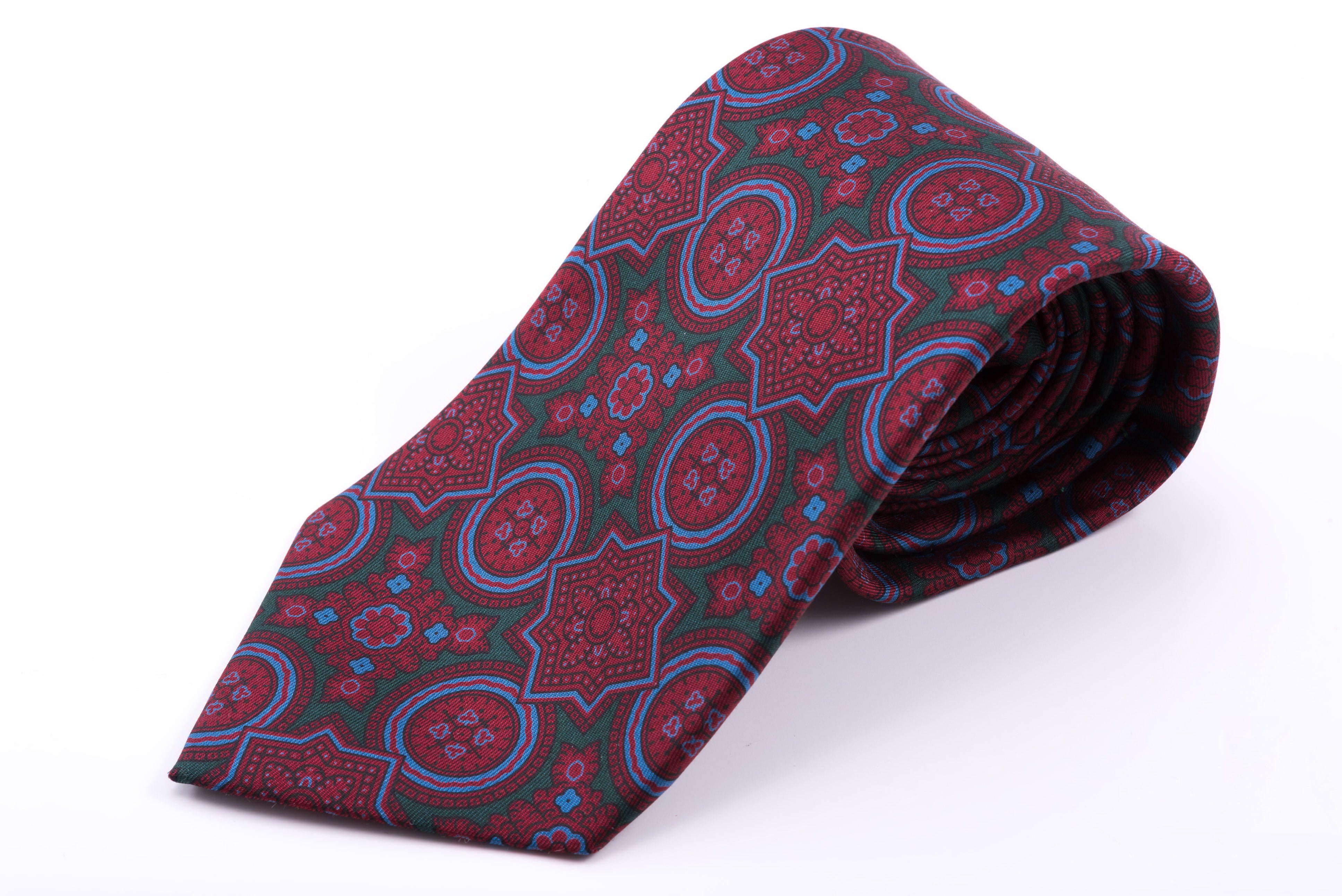 Ancient Madder Silk Tie in Dark Green with Large Burgundy & Blue ...