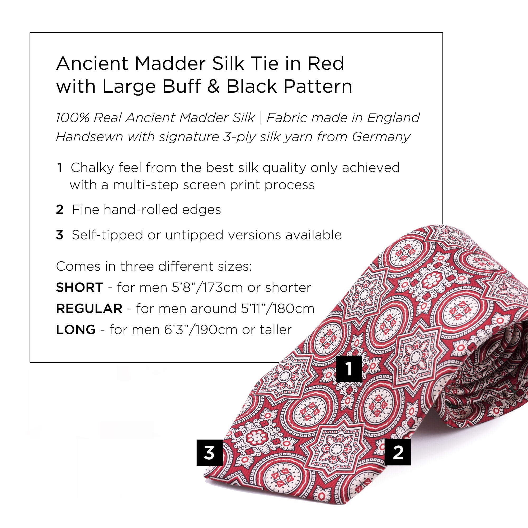 Ancient Madder Silk Tie in Red with Large Buff & Black Pattern Fort ...