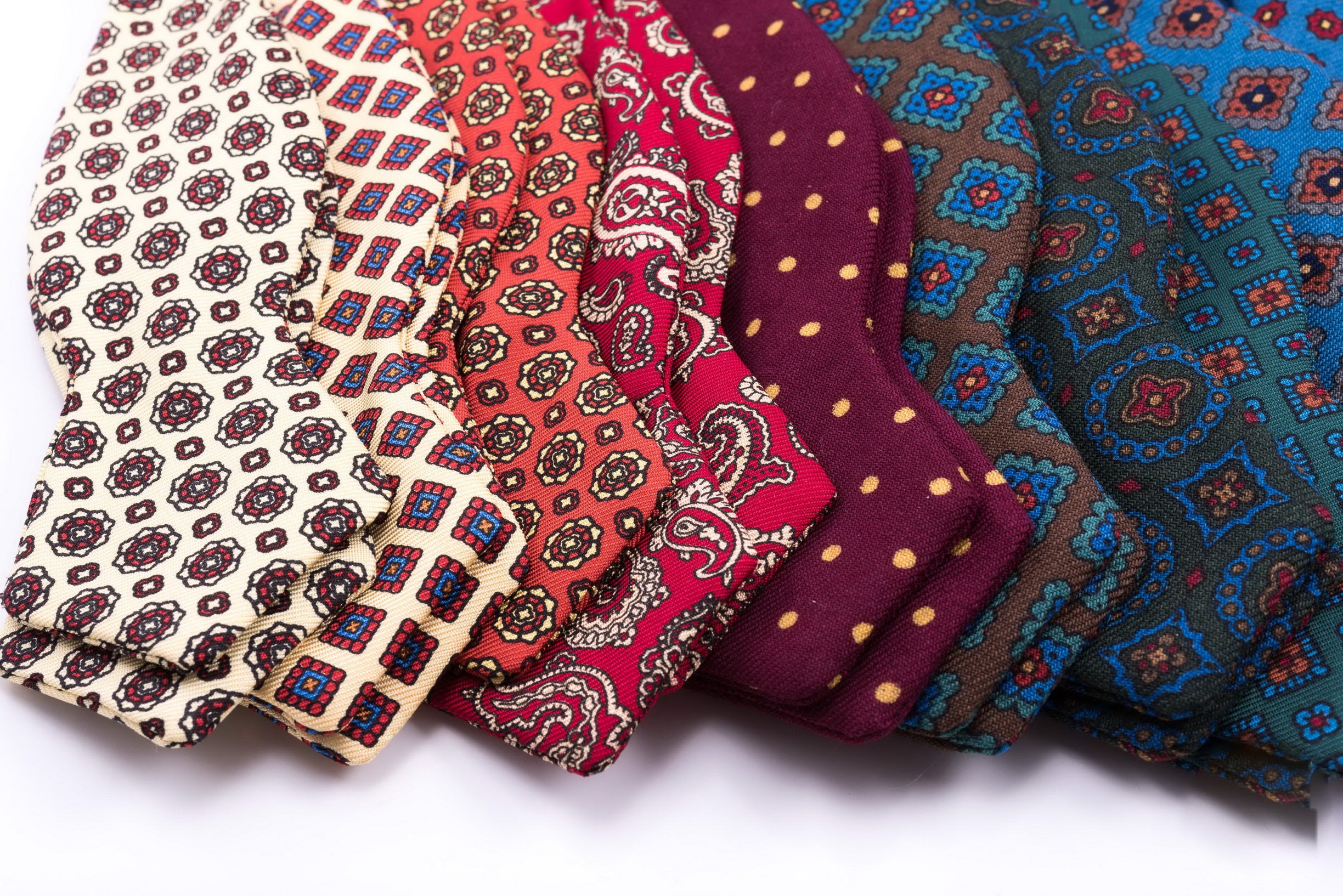 Wool Challis Tie in Olive Green with Small Geometric Pattern in Red and ...