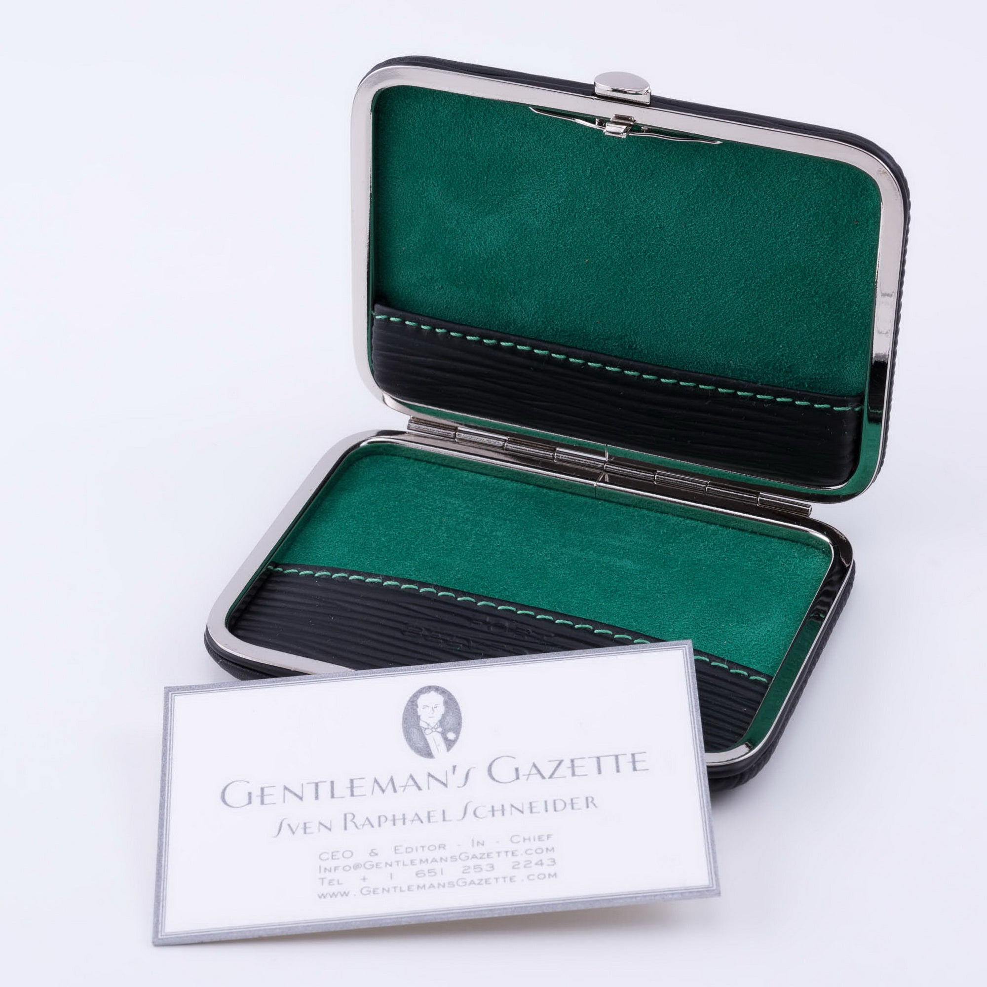 Business Card Case in Black Leather & Green Lining by Fort Belvedere ...