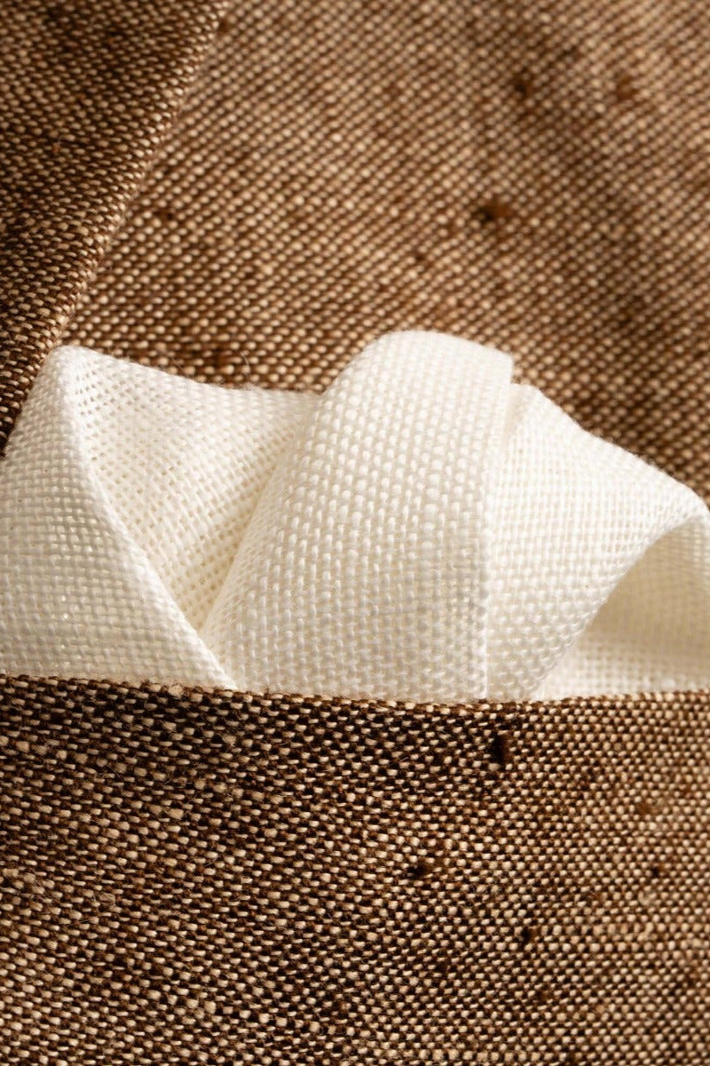 Cream Linen Pocket Square in Wave Shape with Brown Hand-Machined ...