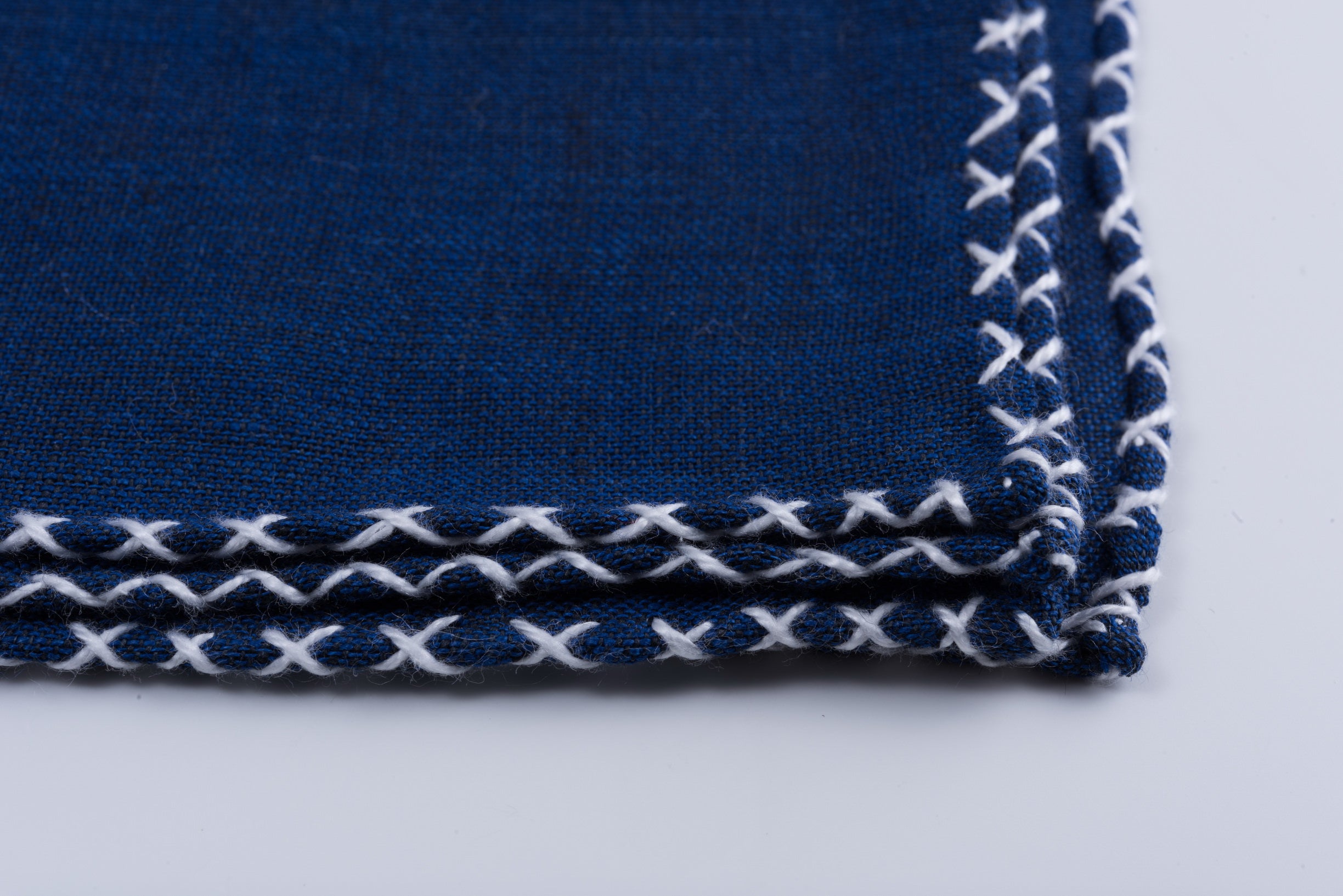 Dark Blue Linen Pocket Square with White Handrolled X Stitch - Fort ...