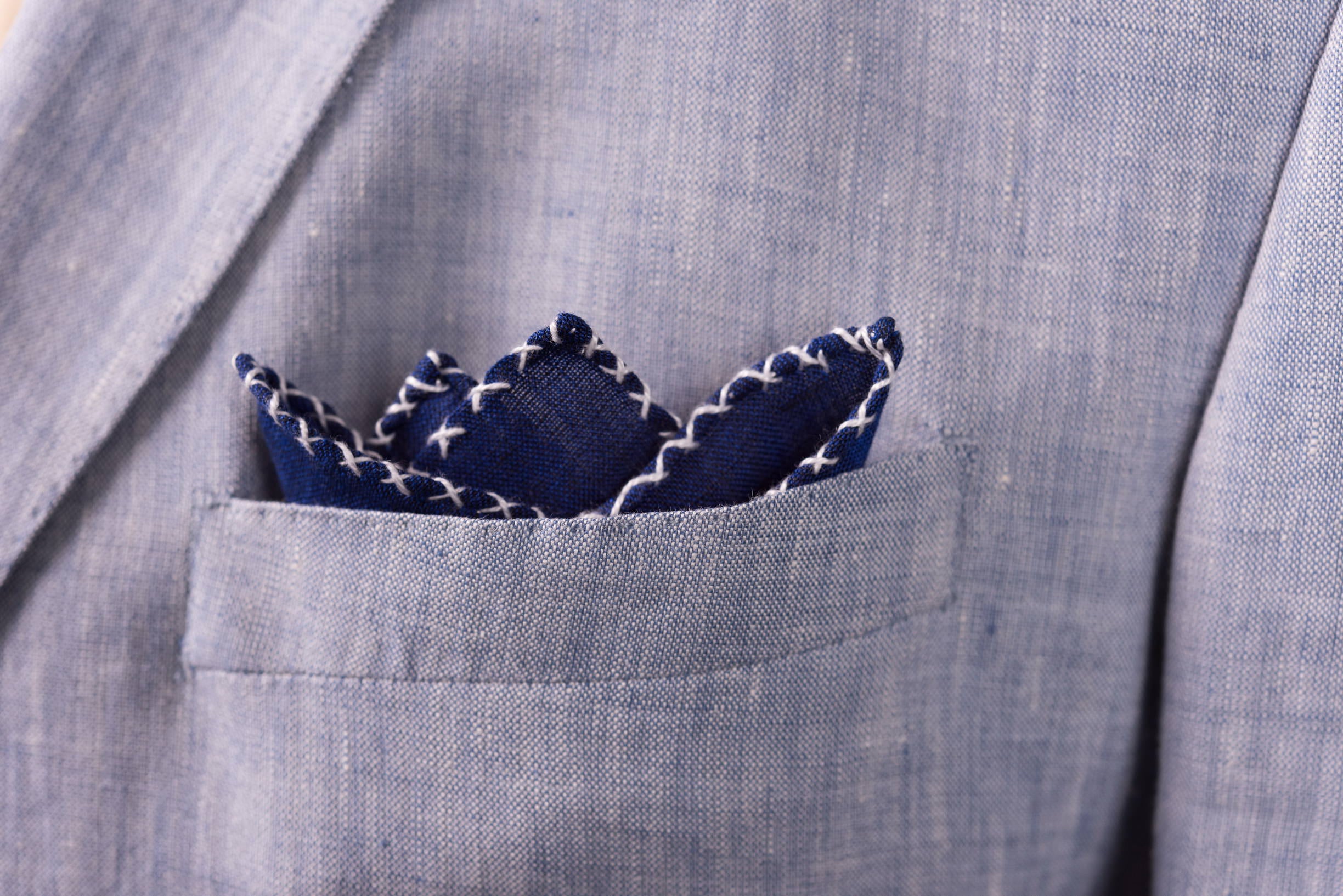 Dark Blue Linen Pocket Square with White Handrolled X Stitch - Fort ...