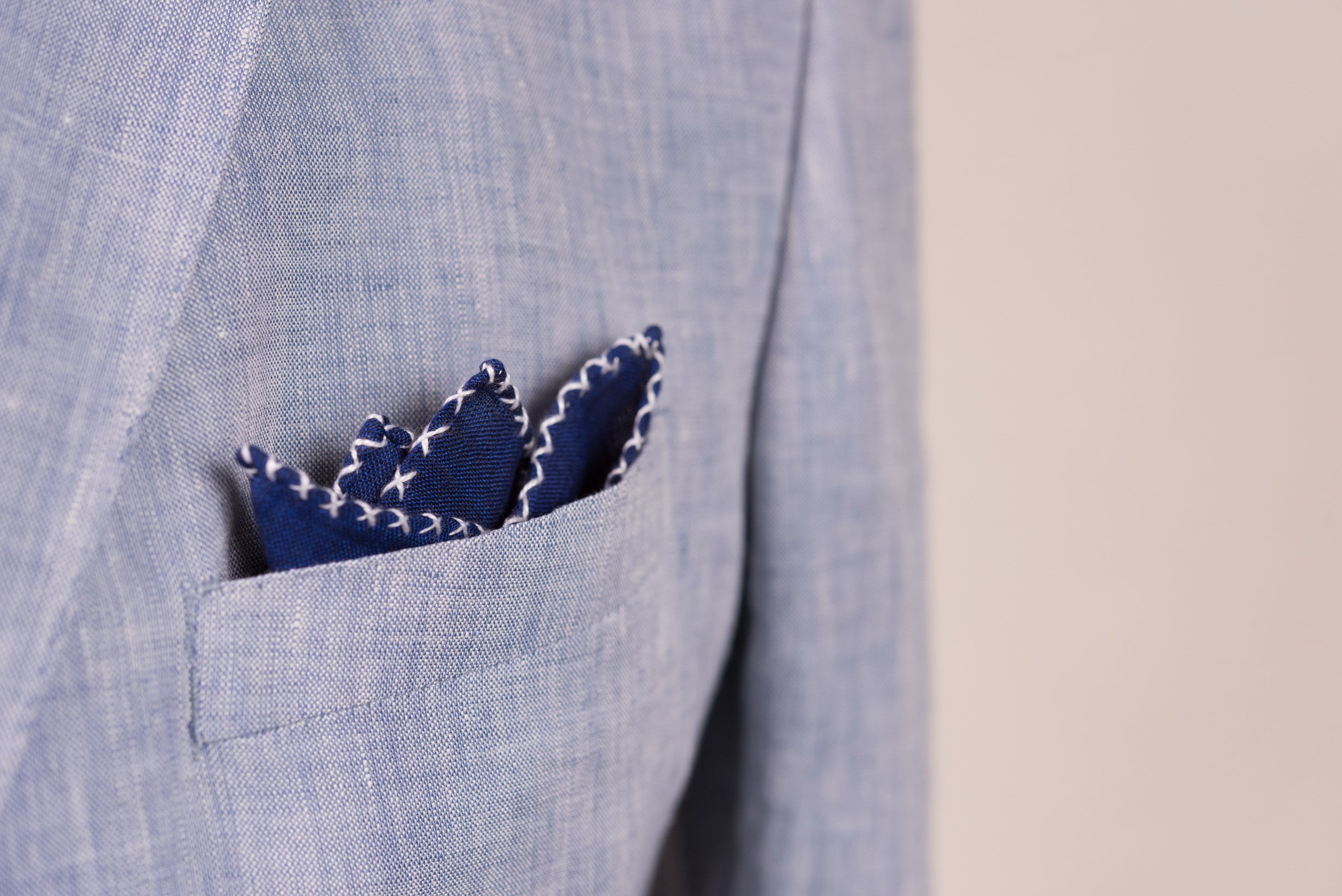 Dark Blue Linen Pocket Square with White Handrolled X Stitch - Fort ...