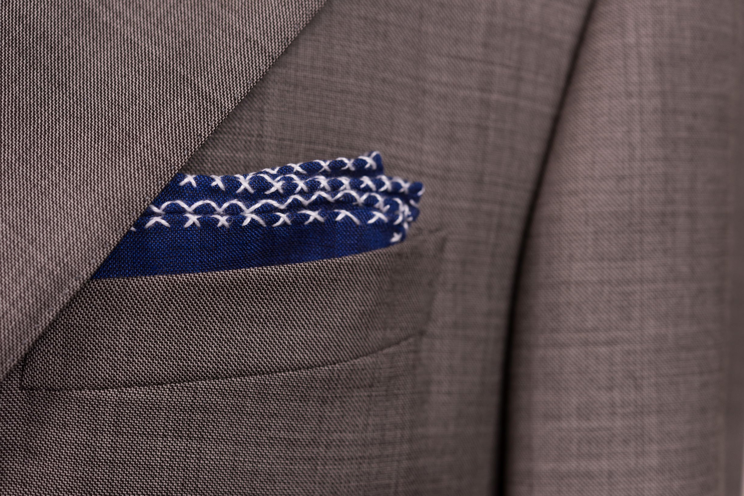 Dark Blue Linen Pocket Square with White Handrolled X Stitch - Fort ...