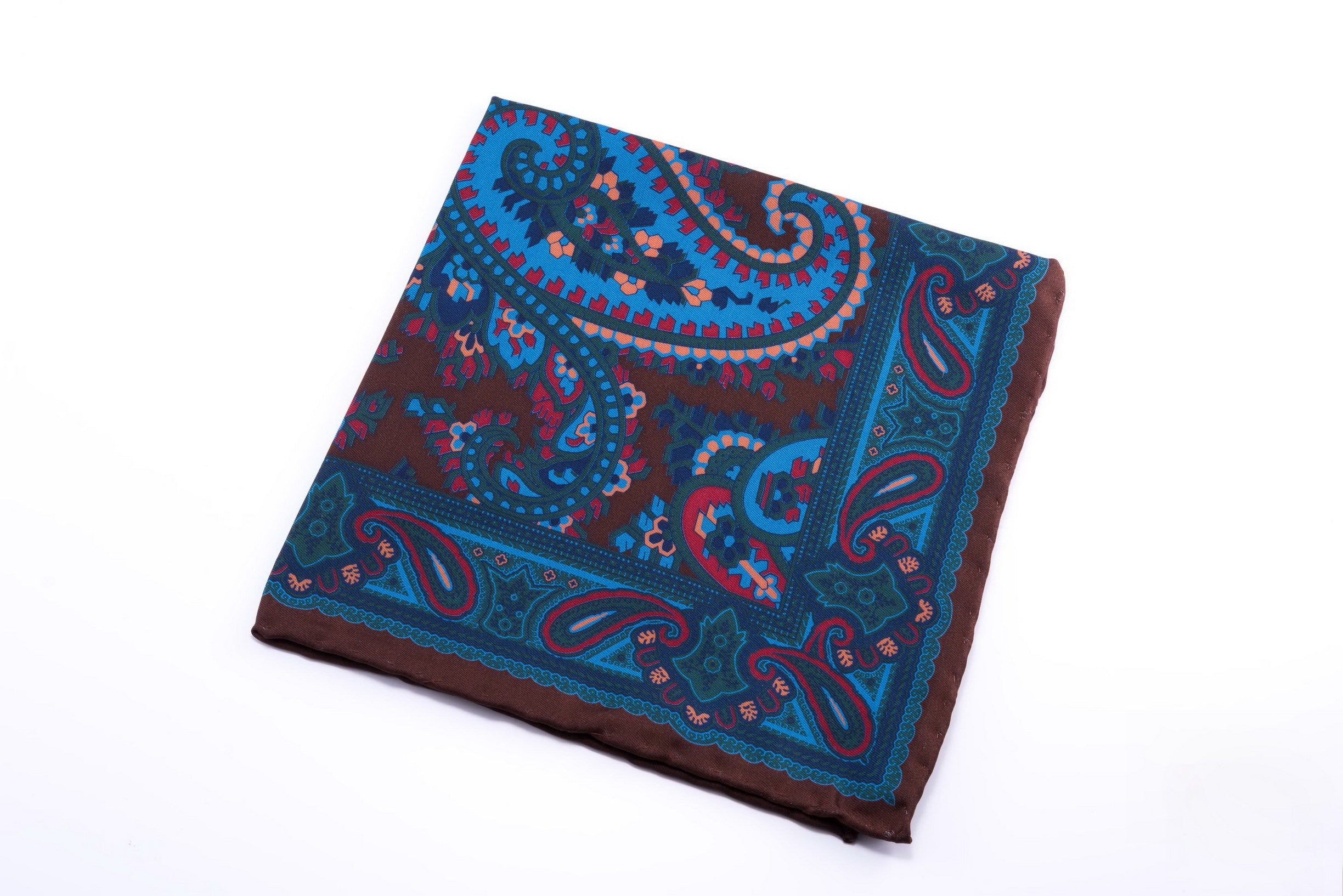 Brown Madder Silk Pocket Square with Turquoise,Green, Brown Large ...