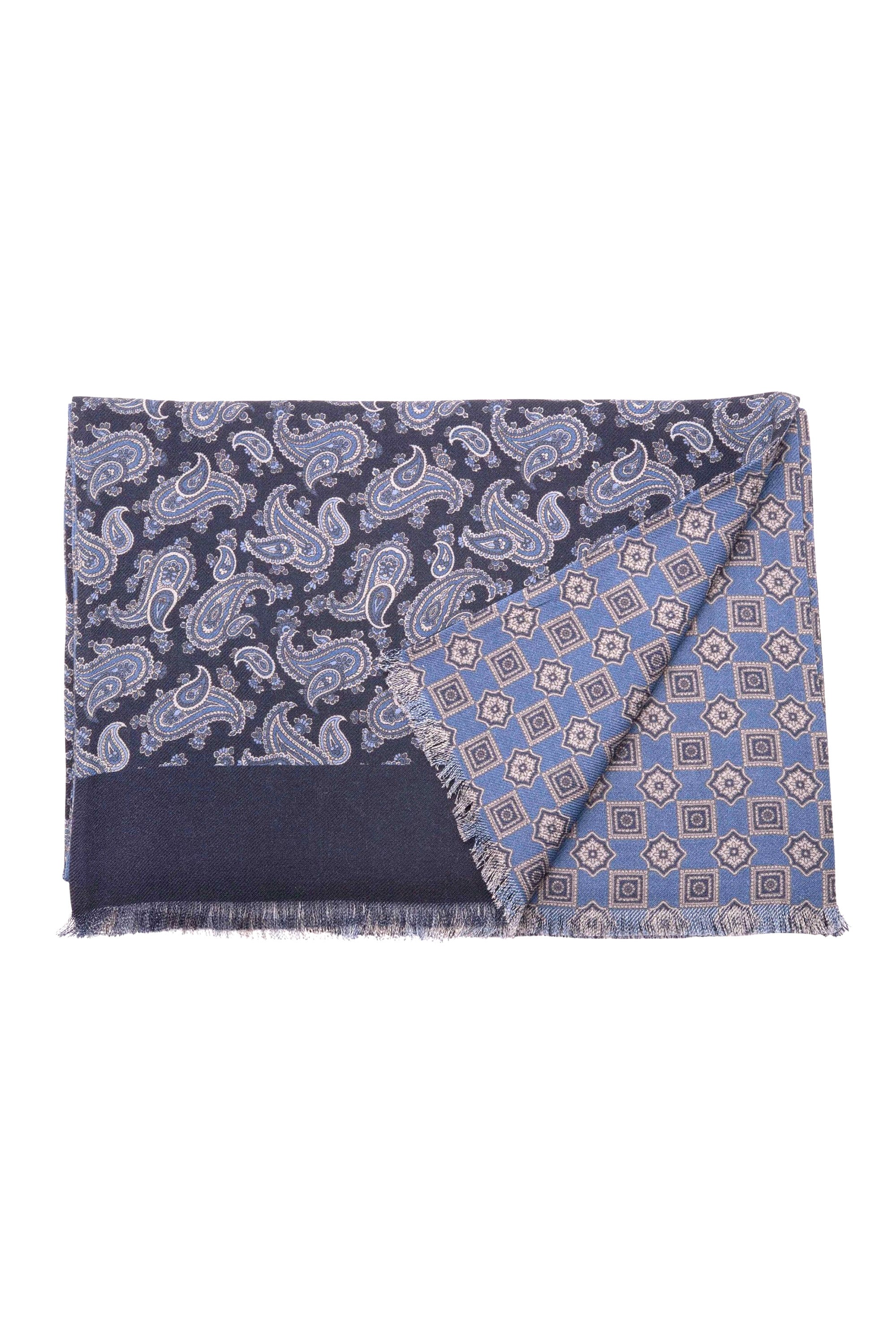 Double Sided Wool Silk Scarf in Navy, Grey, Blue Paisley & Diamond ...