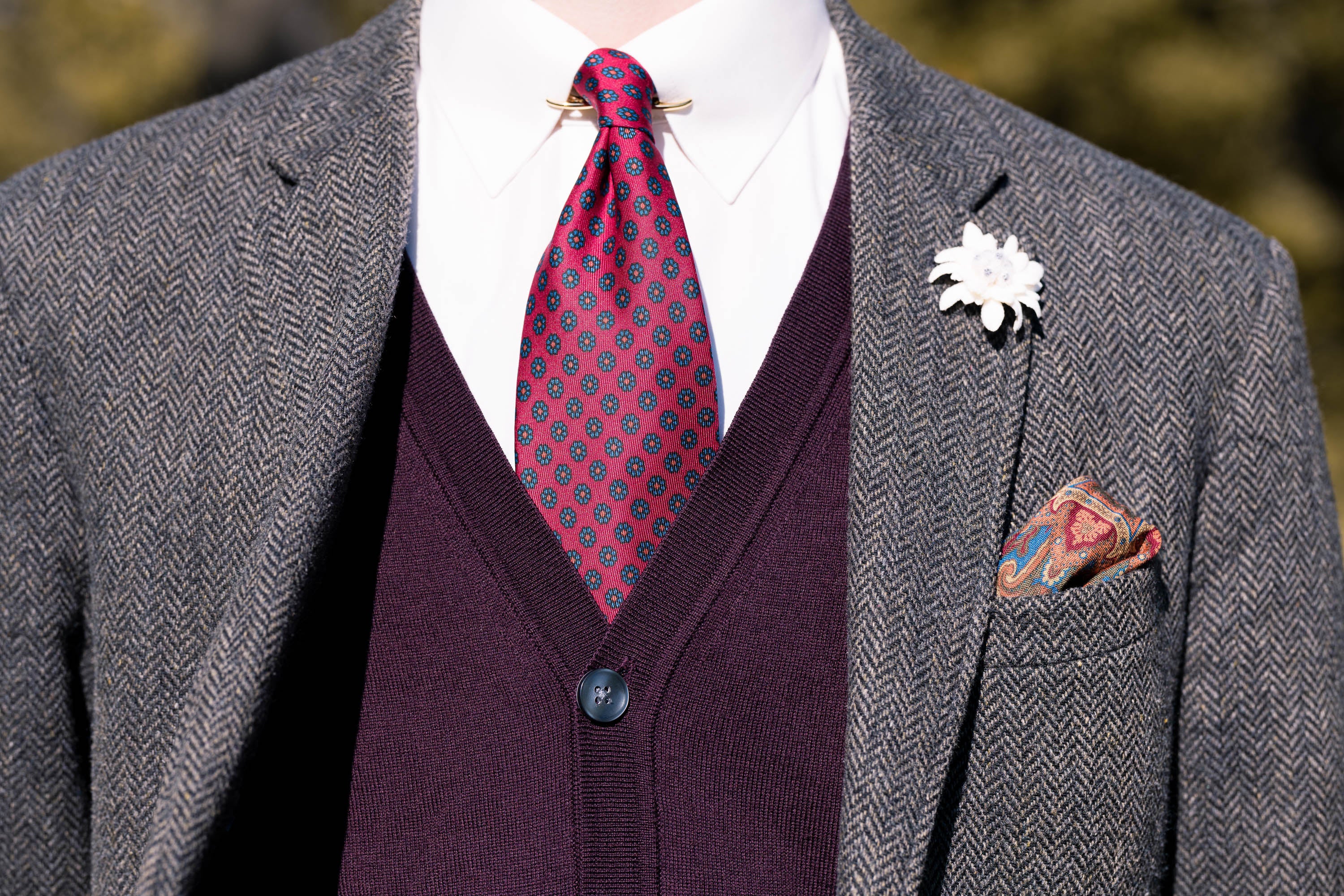 Madder Silk Tie in Dark Ruby Red Macclesfield Neats Blue Orange Pattern ...