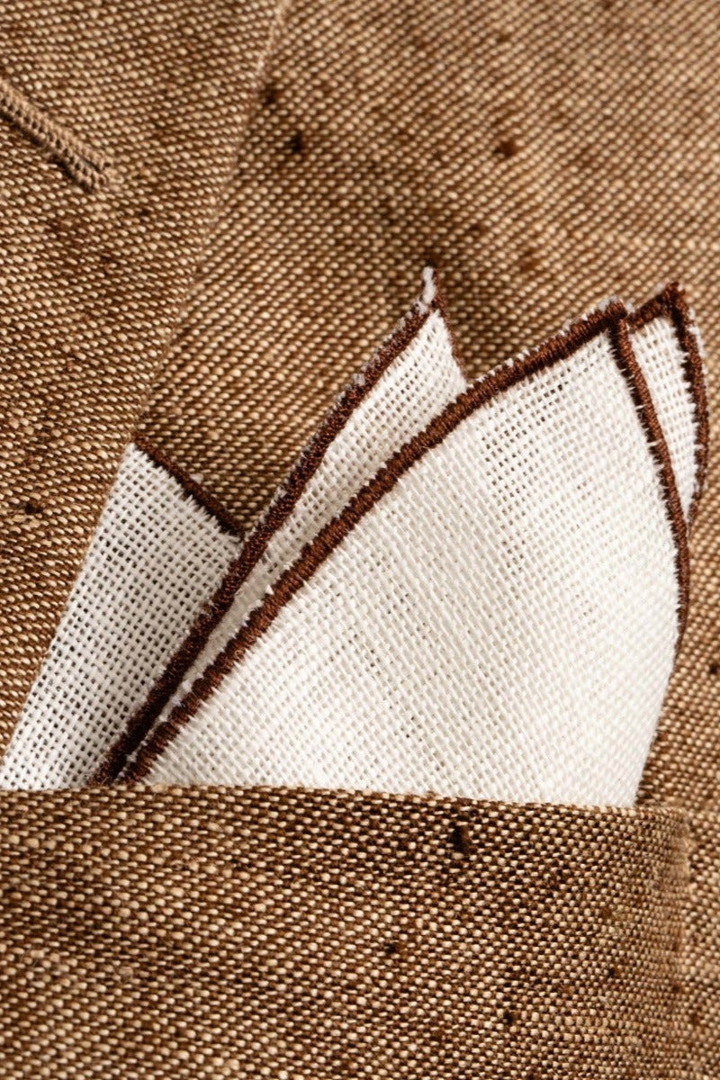 Cream Linen Pocket Square in Wave Shape with Brown Hand-Machined ...