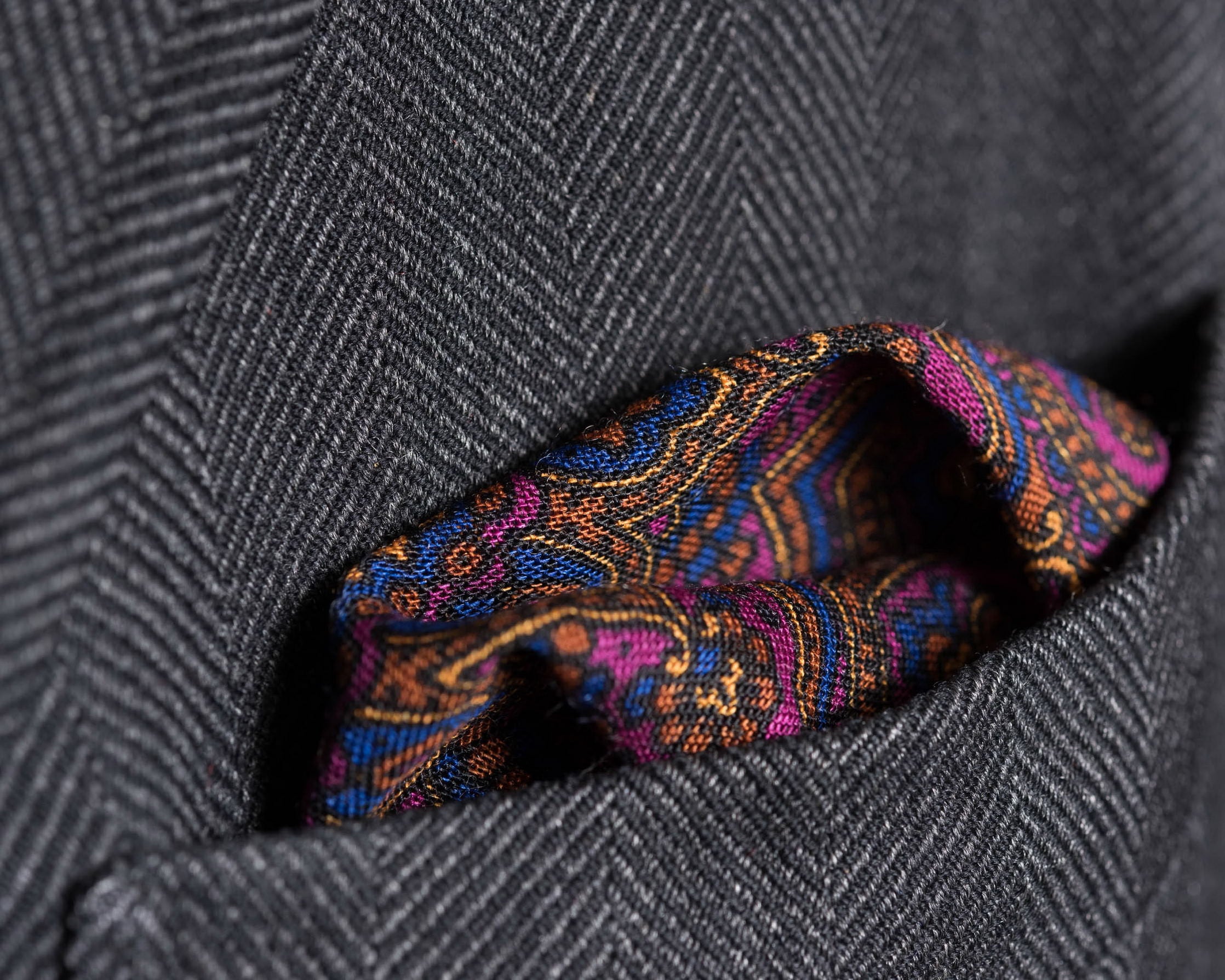 Purple, Charcoal & Blue Silk-Wool Pocket Square with Paisley Motifs ...