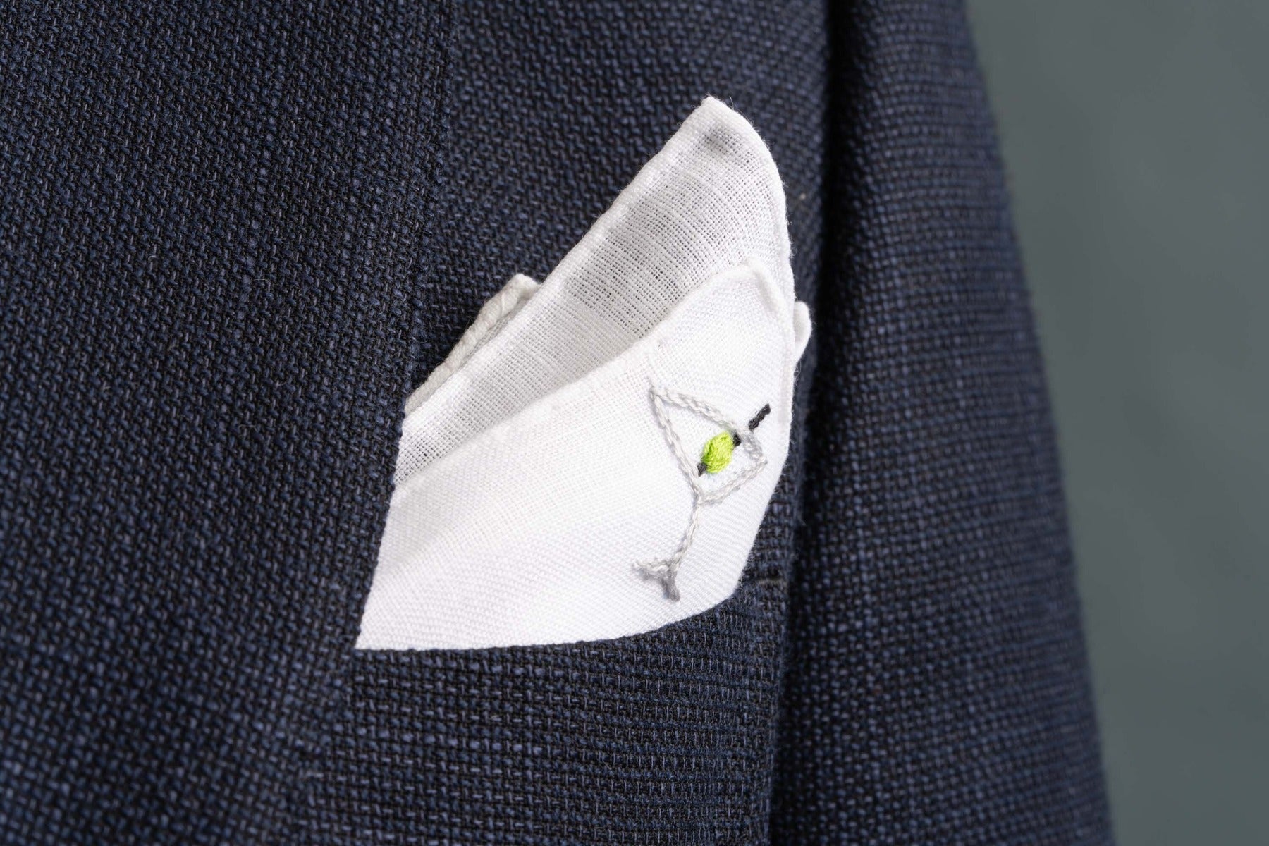 White Linen Pocket Square with Martini Embroidery and Handrolled Edges - Fort Belvedere ...