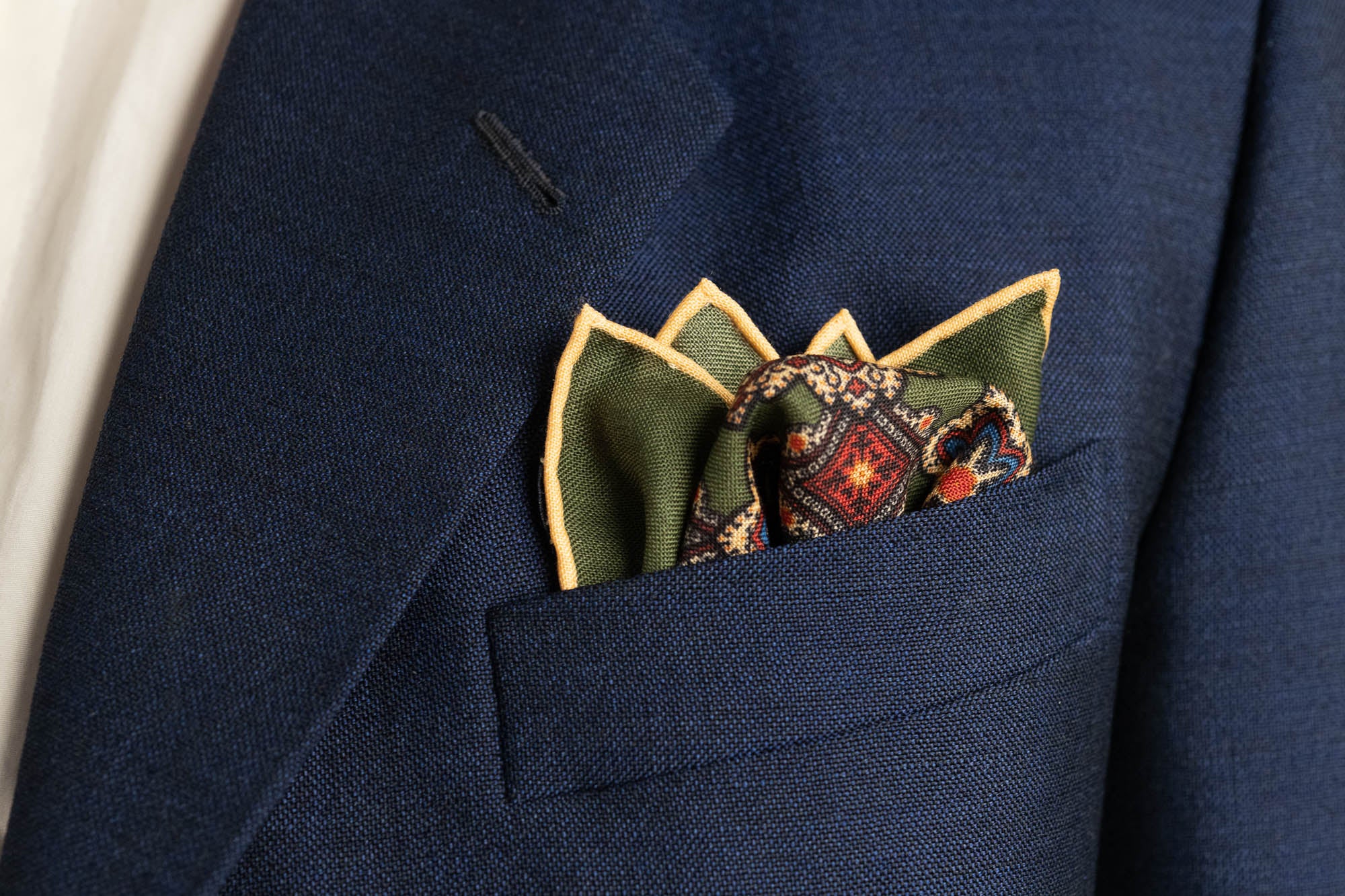 Moss Green Silk Wool Pocket Square with Printed geometric medallions in ...