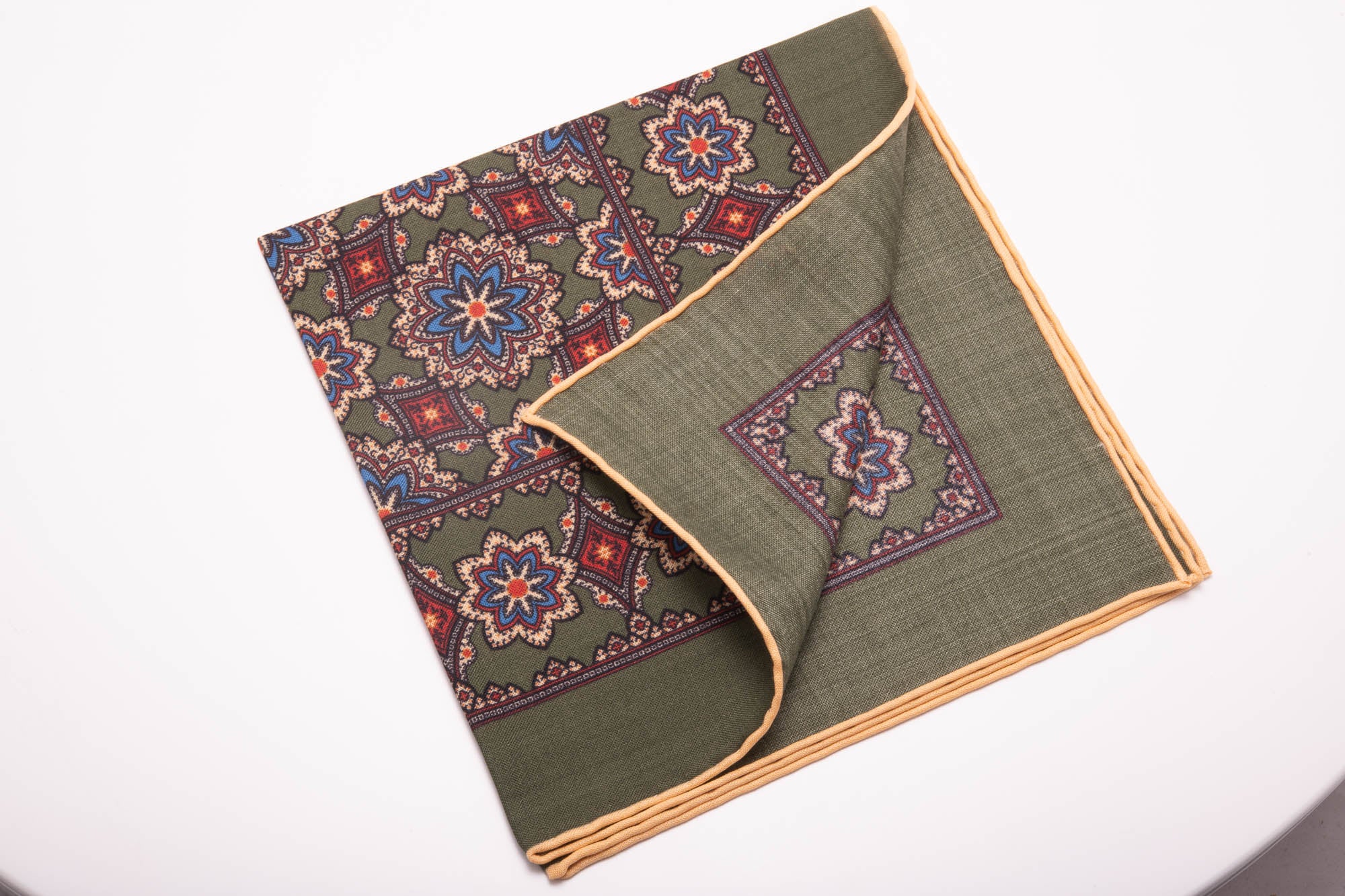 Moss Green Silk Wool Pocket Square with Printed geometric medallions in ...