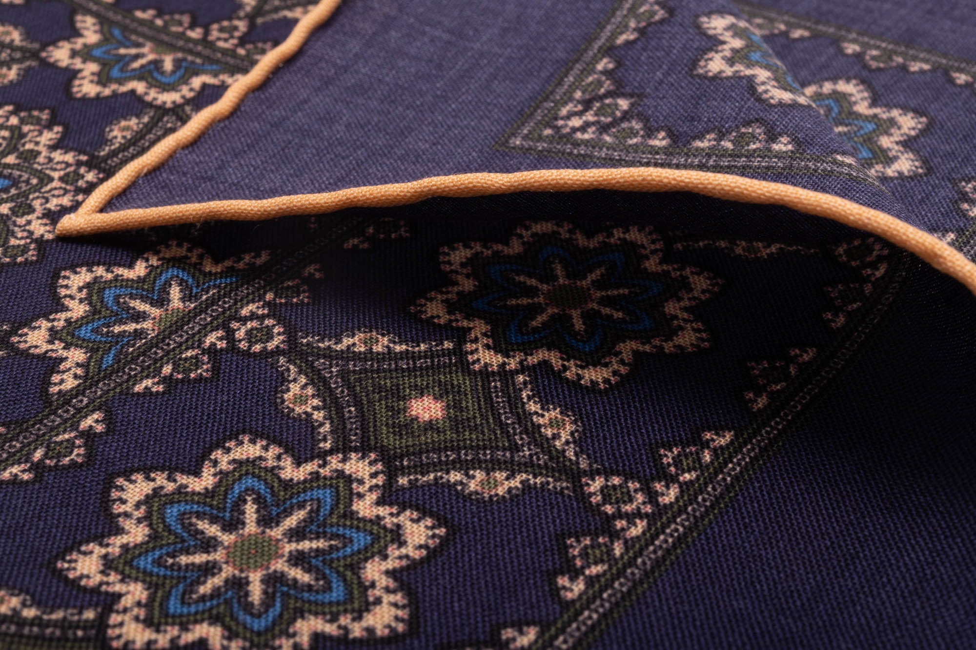 Navy Blue Silk Wool Pocket Square with Printed geometric medallions in green, blue and orange ...