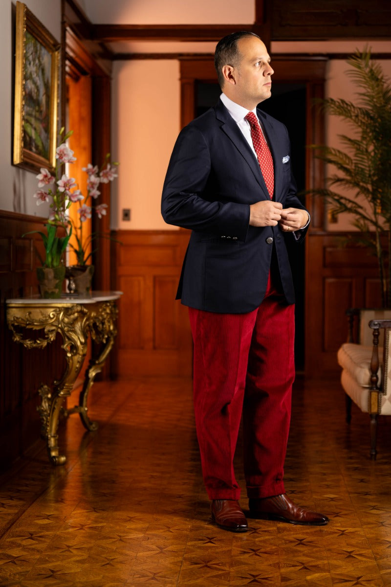 Garnet Red Corduroy Trousers - Stancliffe Flat-Front in 8-Wale Cotton ...