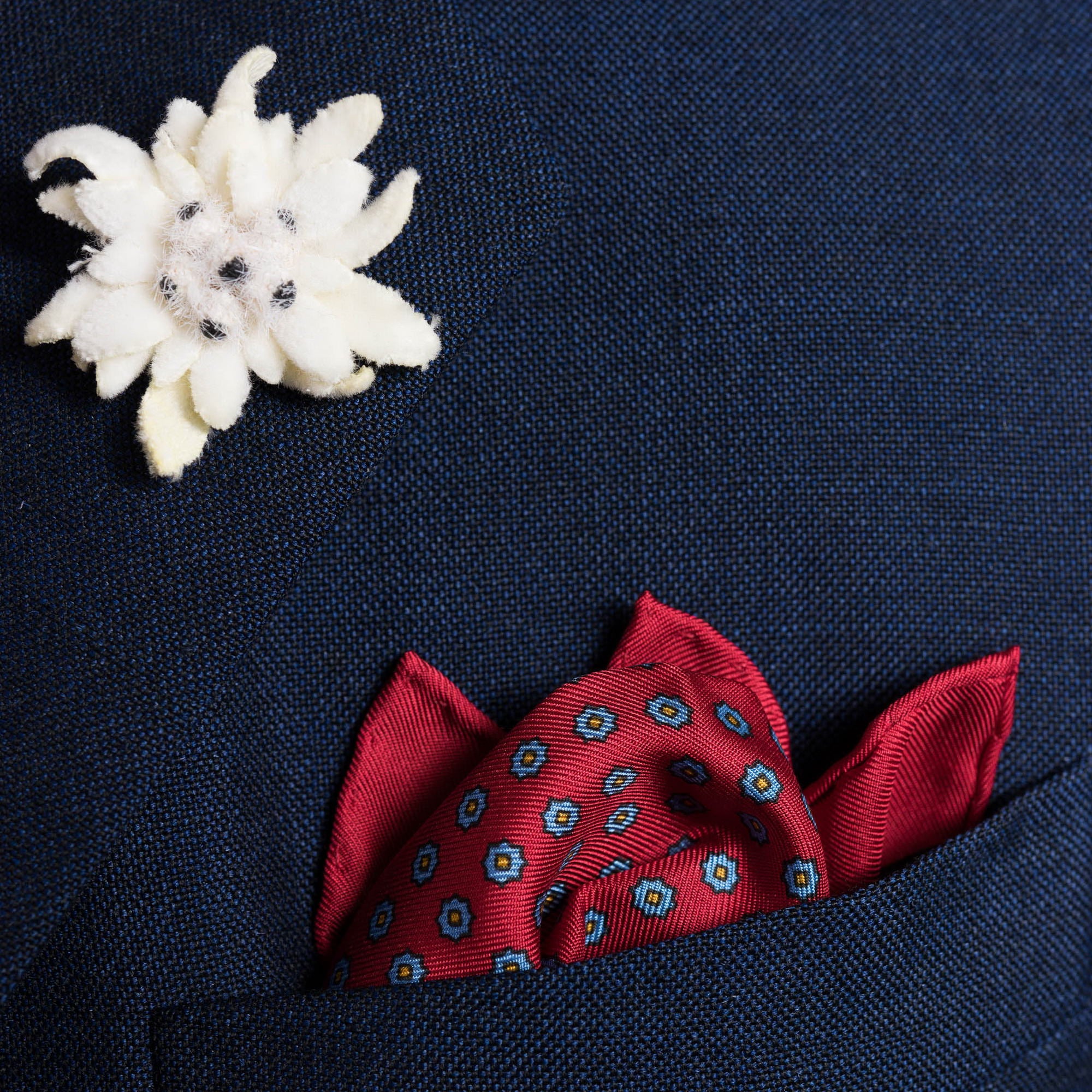 Red Silk Pocket Square with Turquoise Blue Motif Dots - Fort Belvedere ...