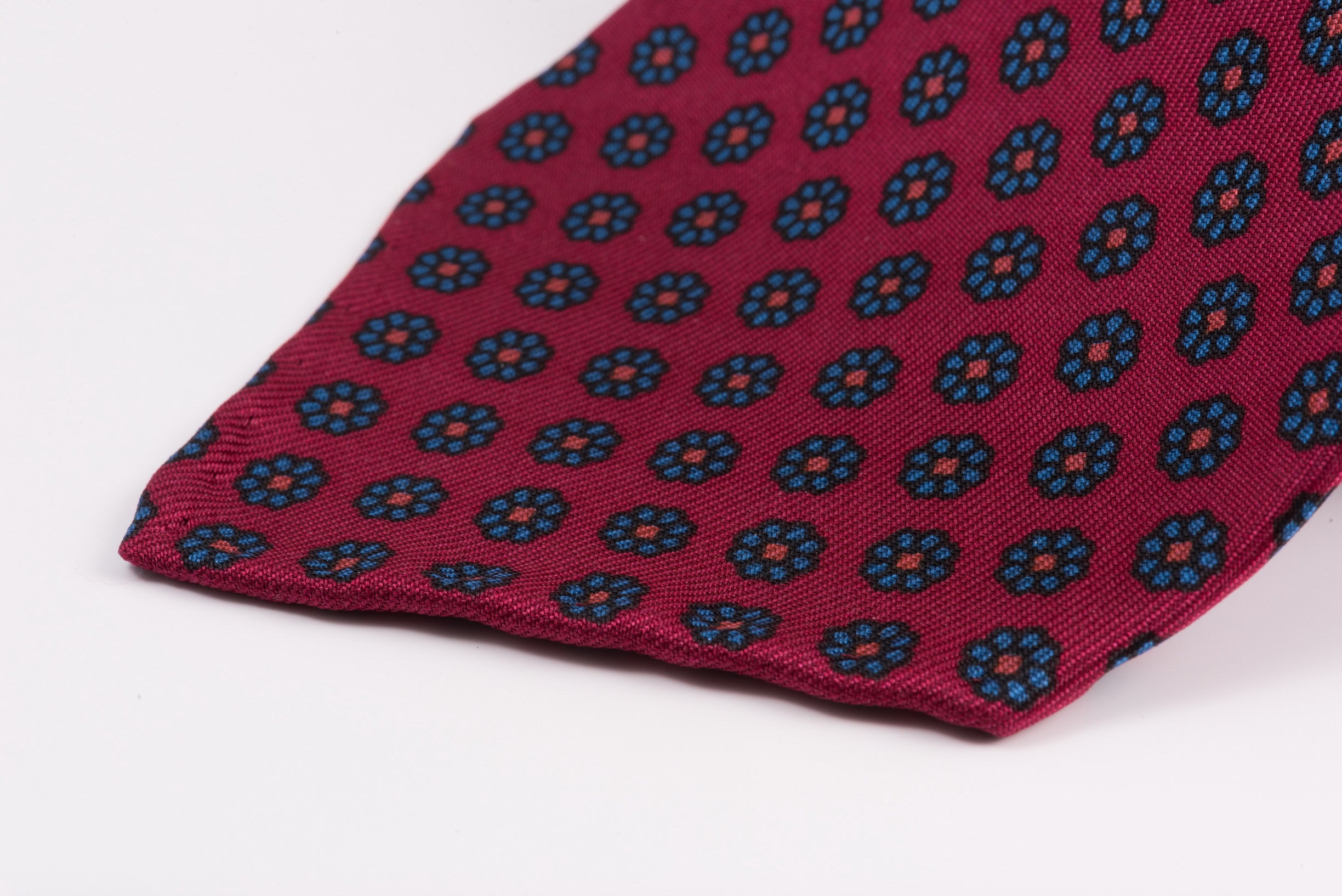 Madder Silk Tie in Dark Ruby Red Macclesfield Neats Blue Orange Pattern ...