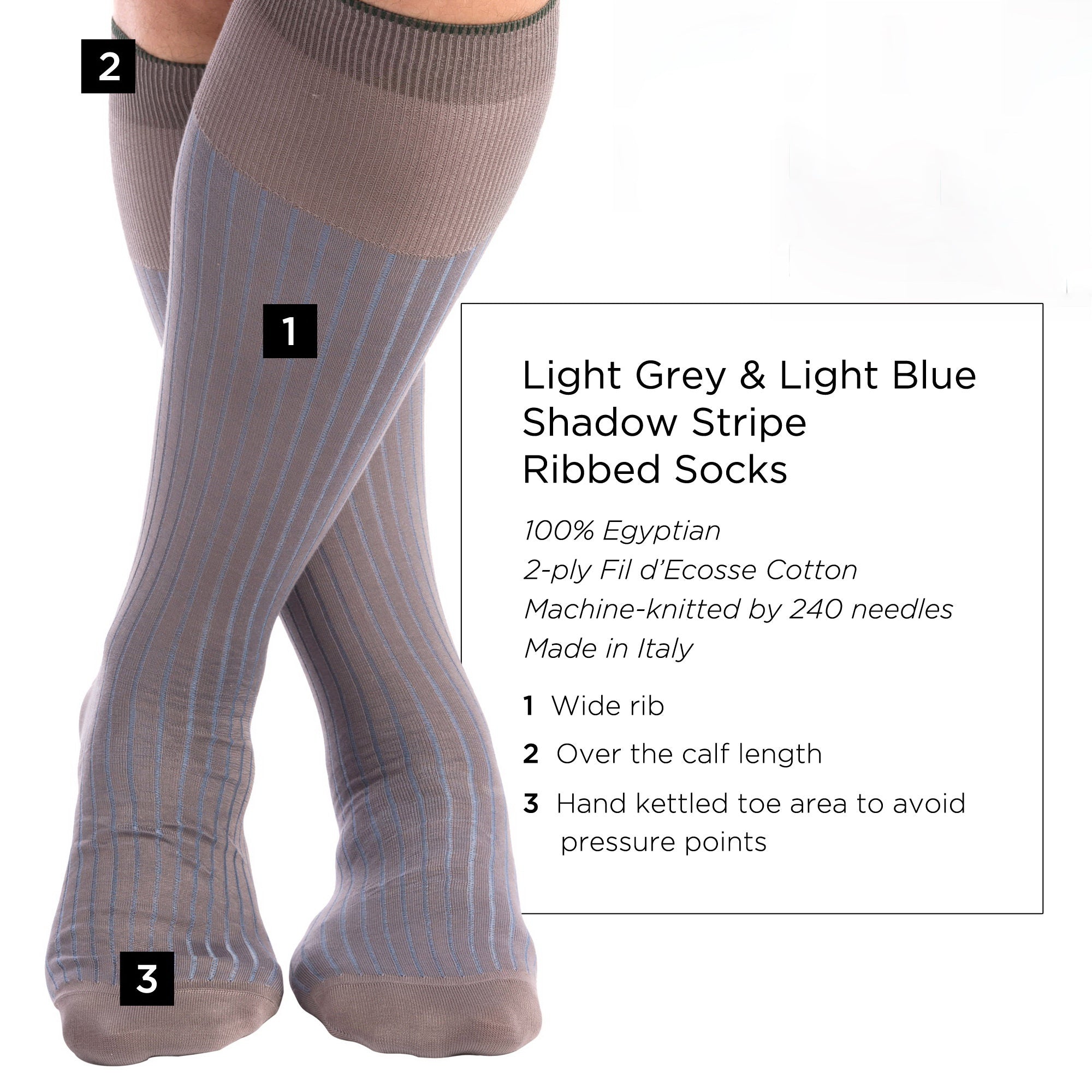 Shadow Stripe Ribbed Socks Light Grey & Light Blue Fil d'Ecosse Cotton ...