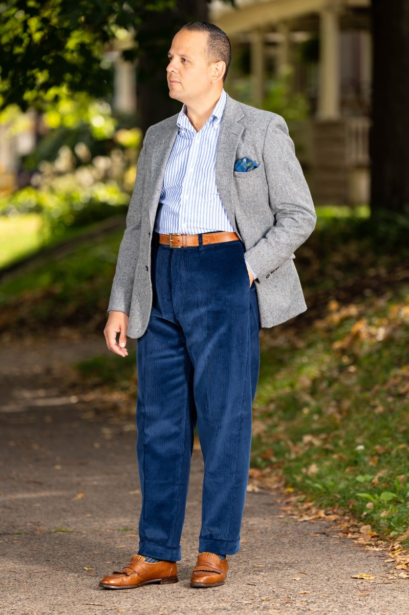 Infantry Blue Corduroy Trousers -Stancliffe Flat-Front in 8-Wale Cotton ...