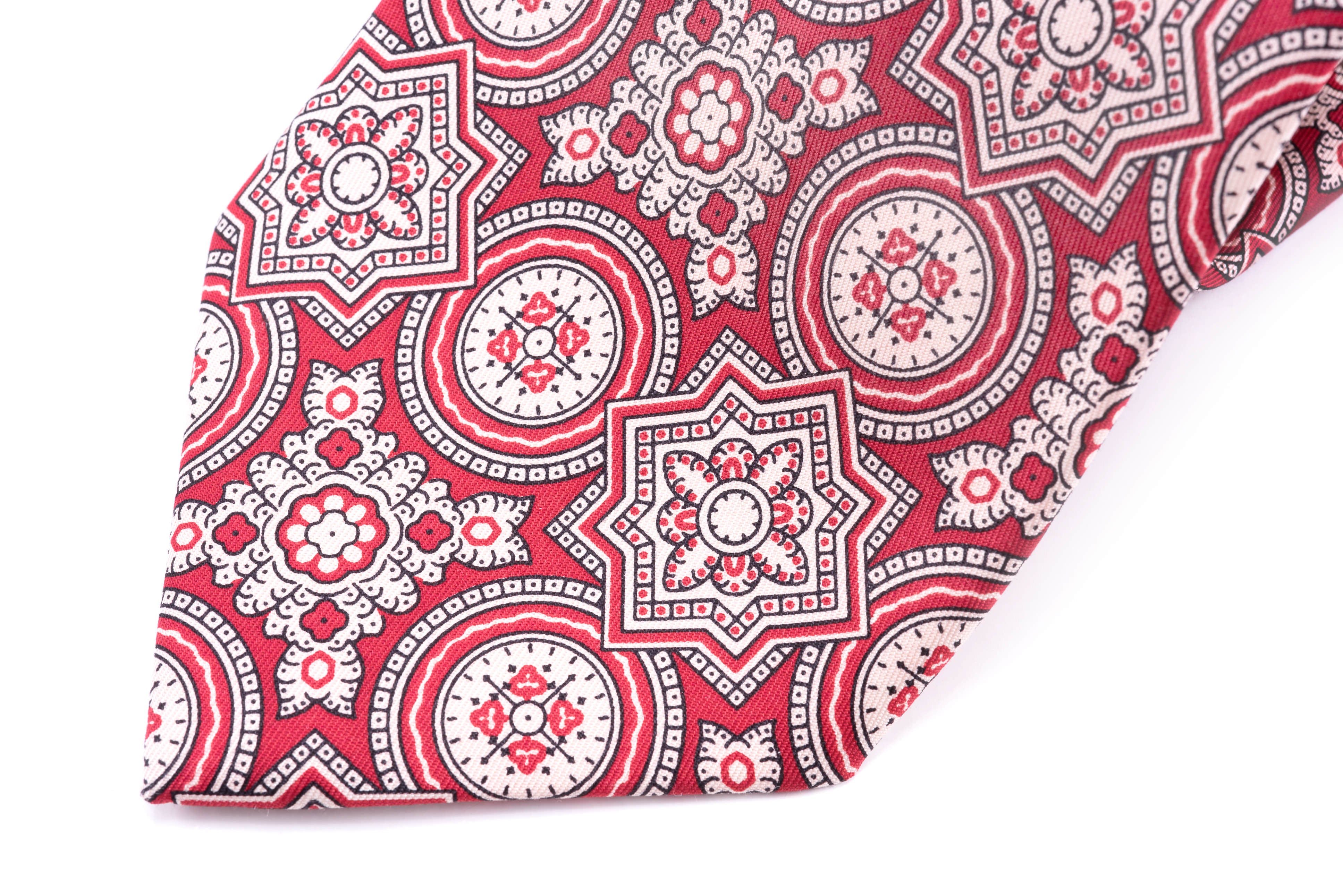 Ancient Madder Silk Tie in Red with Large Buff & Black Pattern Fort ...