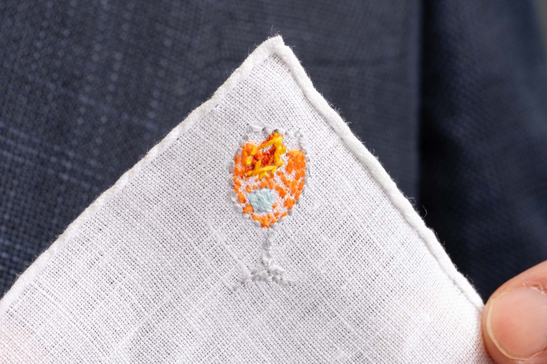 White Linen Pocket Square with Aperol Spritz Embroidery and Handrolled ...