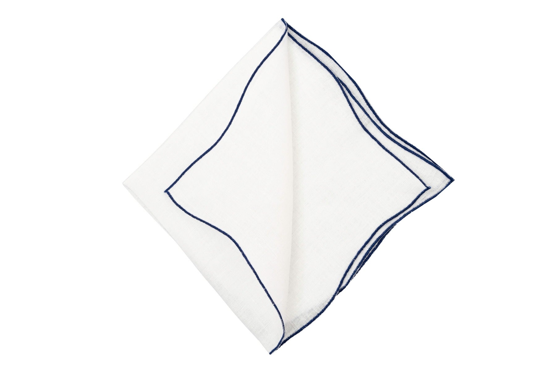 White Linen Pocket Square in Wave Shape with Navy Blue Hand-Machined ...