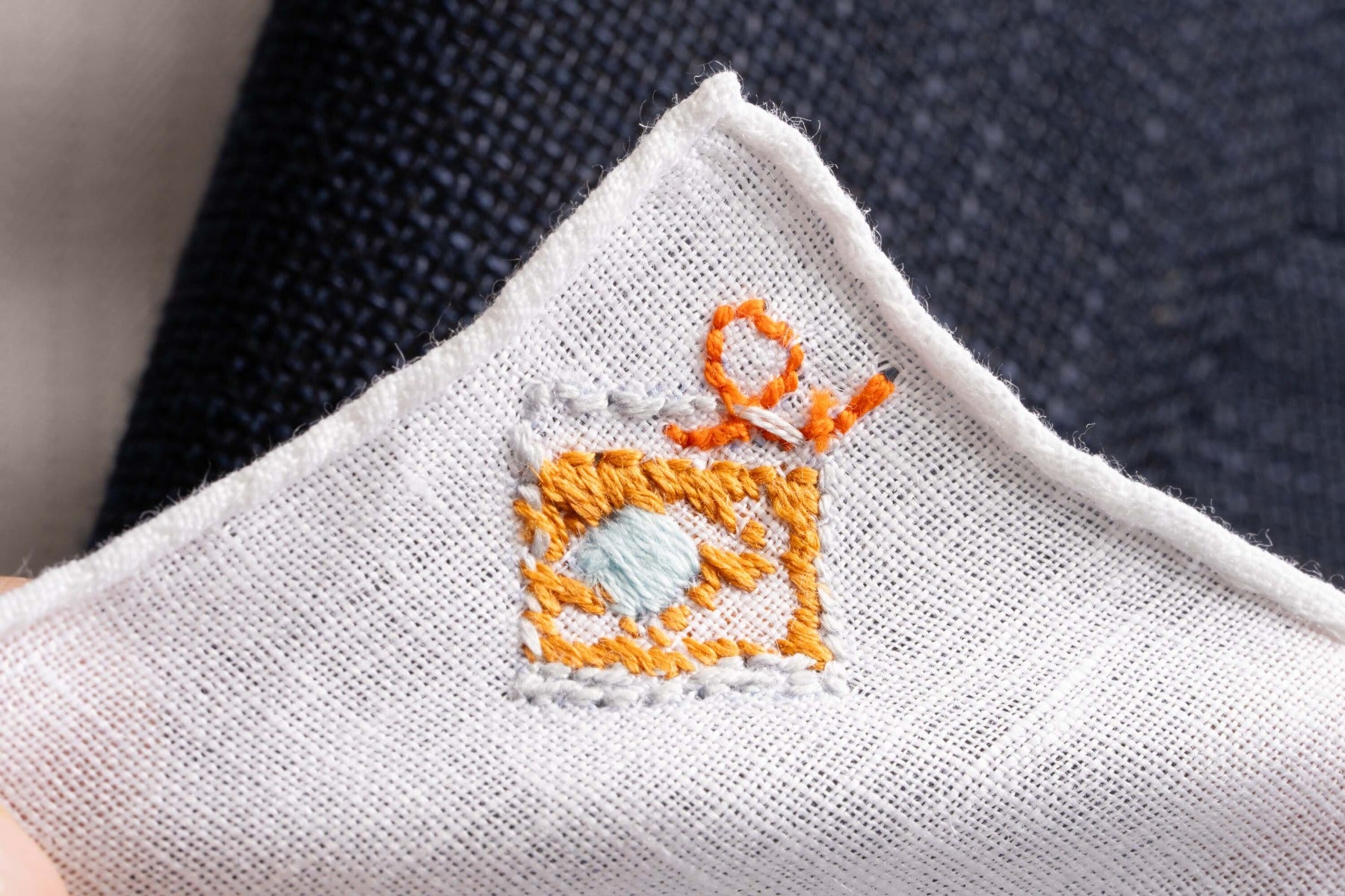 White Linen Pocket Square with Old Fashioned Embroidery and Handrolled ...