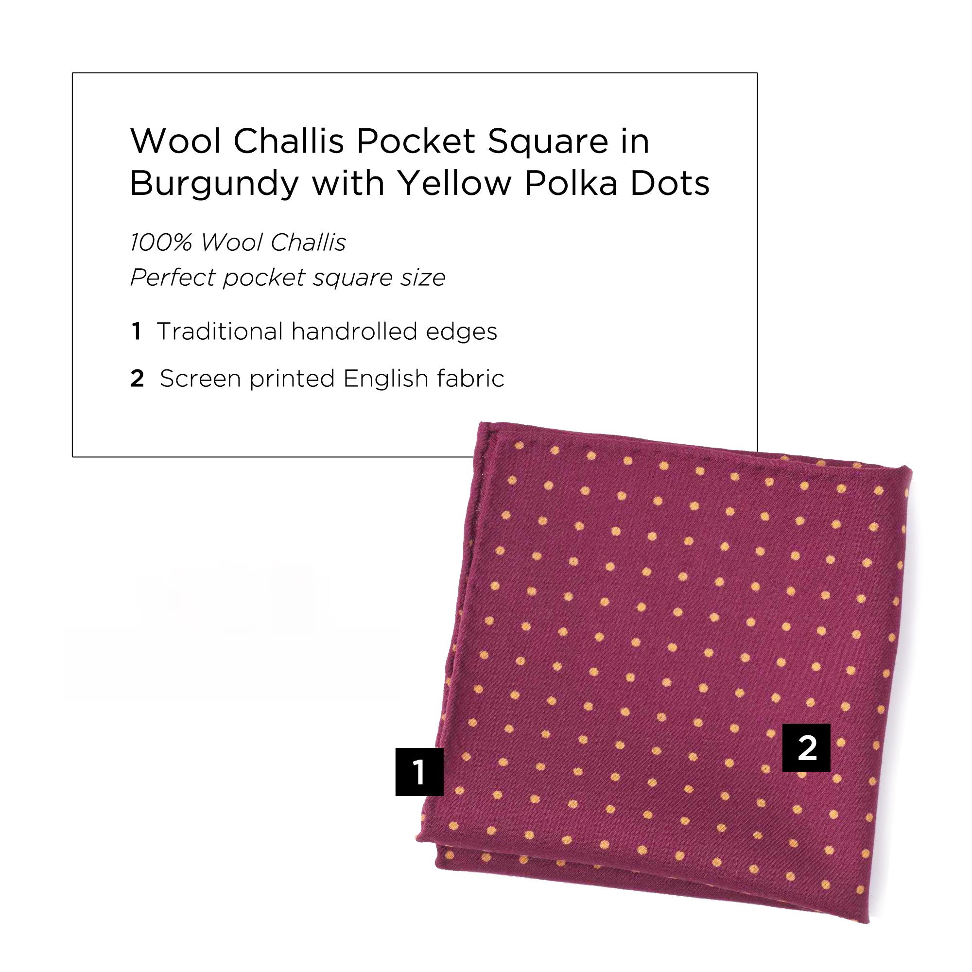 Wool Challis Pocket Square in Burgundy with Yellow Polka Dots by Fort ...
