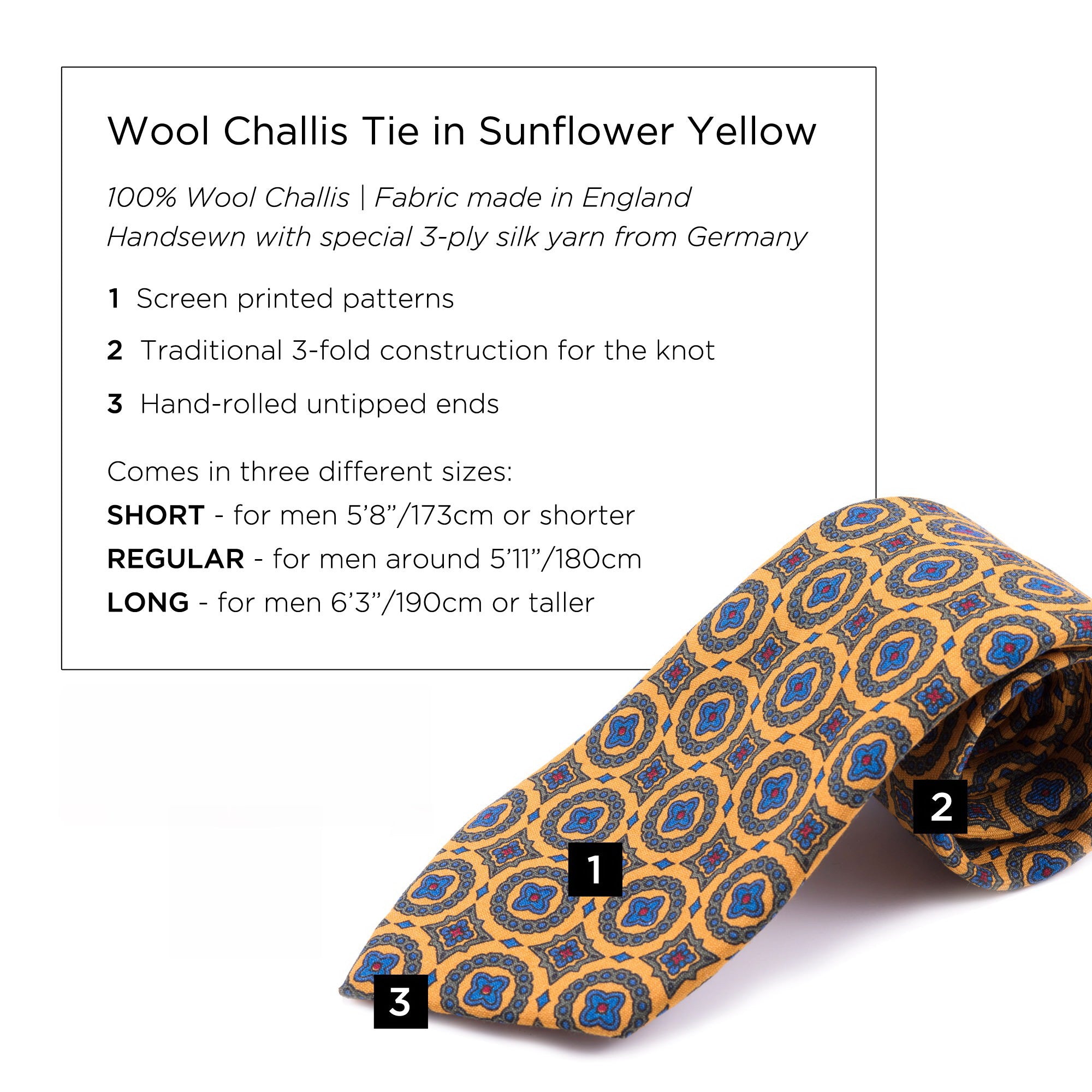 Wool Challis Tie in Sunflower Yellow with Green,Blue & Red Pattern ...